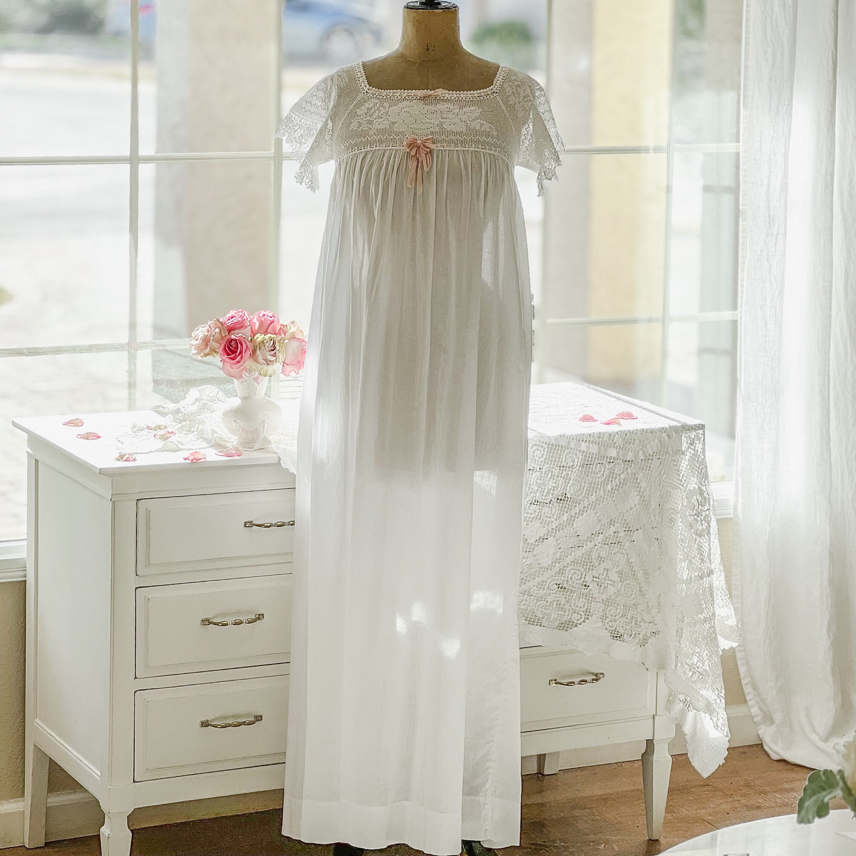 Romantic Edwardian Nightgown With Pink Ribbonwork Flower - Etsy