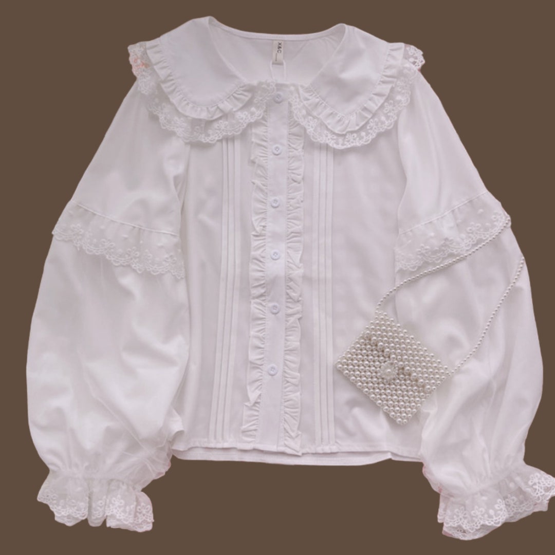 White Lace Ruffle Blouse Women's Peter Pan Collar Shirt Long Sleeve Top - Etsy