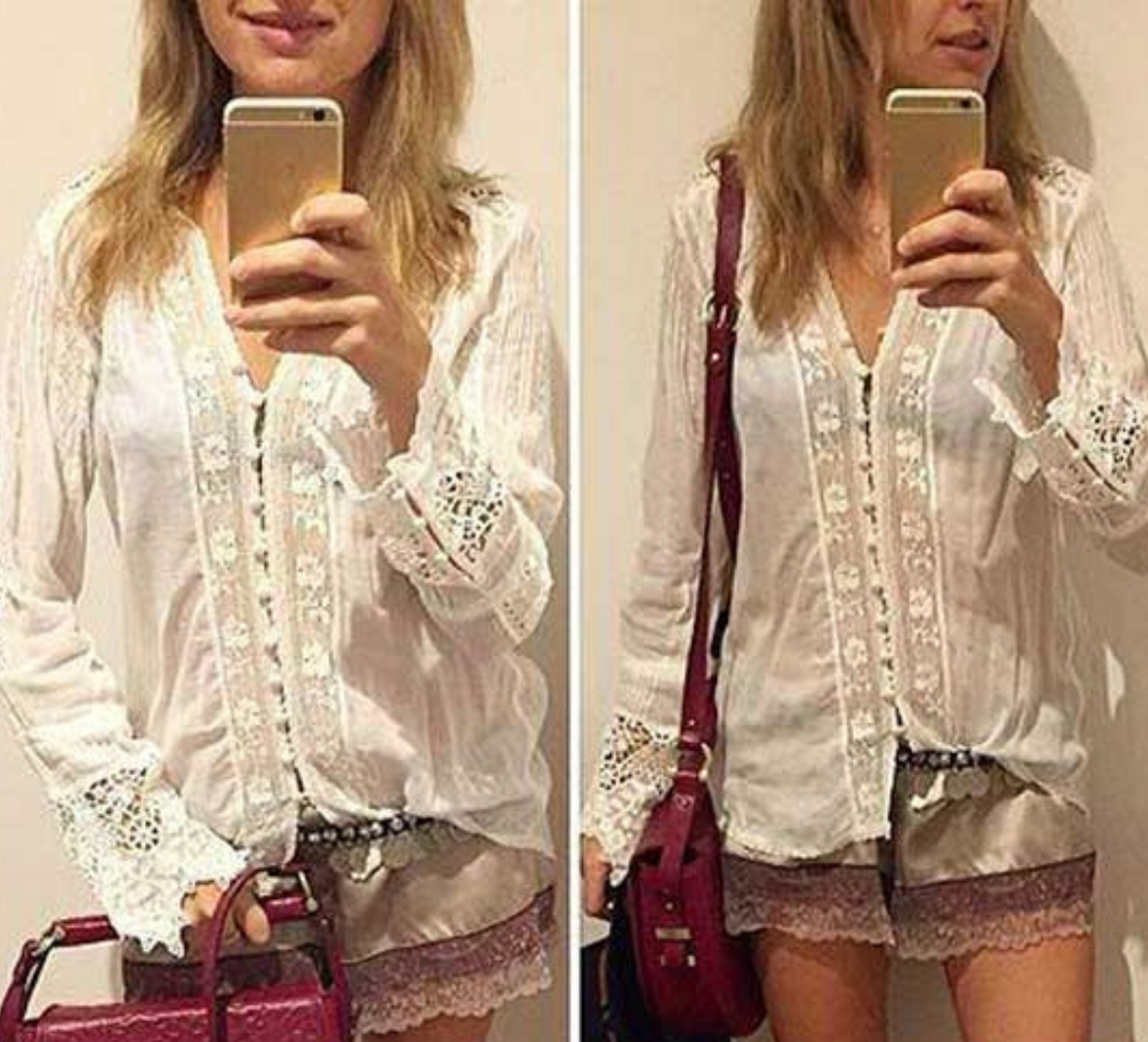 Women Lace Cotton White Blouse Long Sleeve Shirt Lace Button Aldies ...