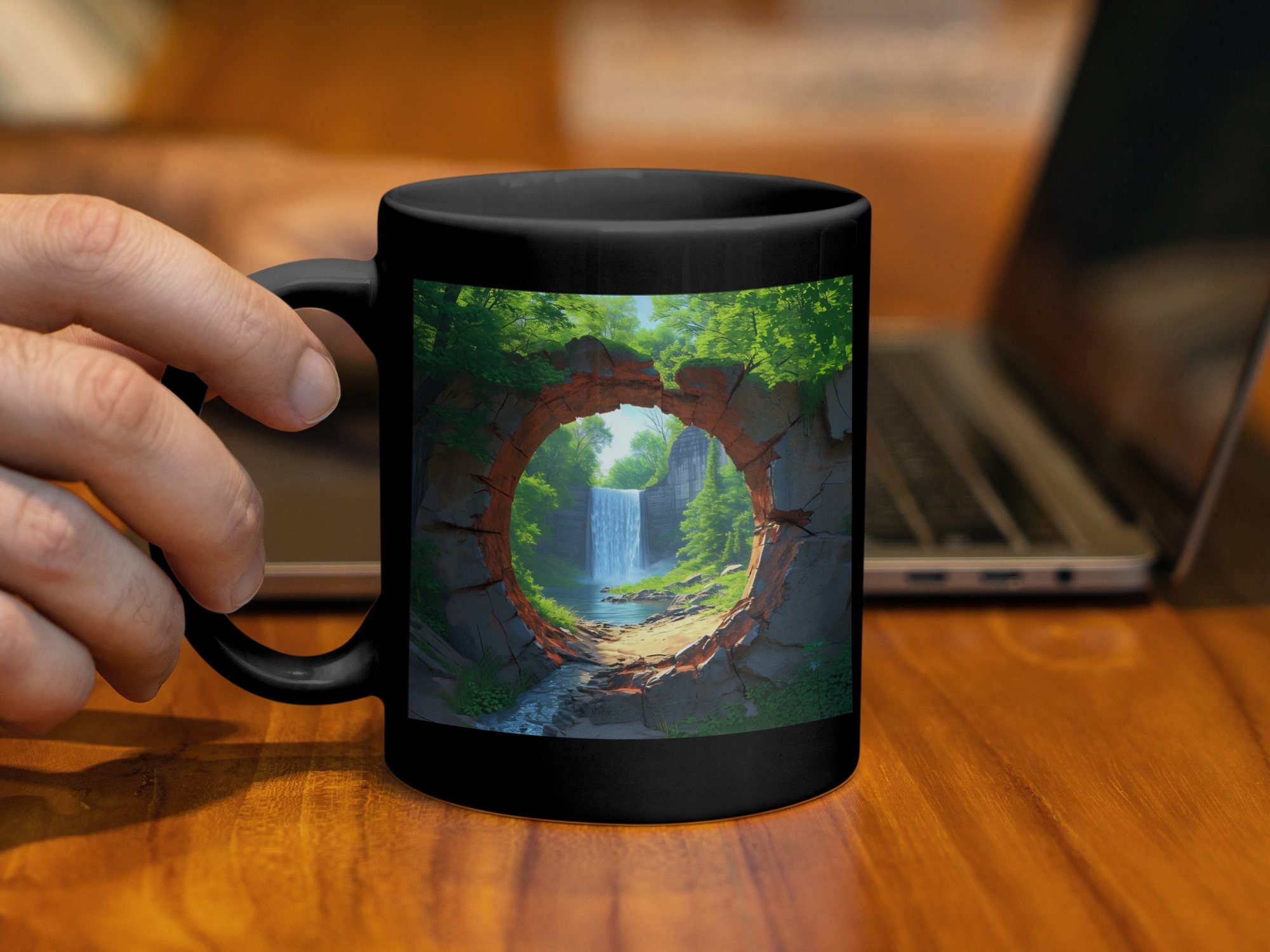 3D Waterfall View Through Natural Stone Archway Scenic Nature Art ...