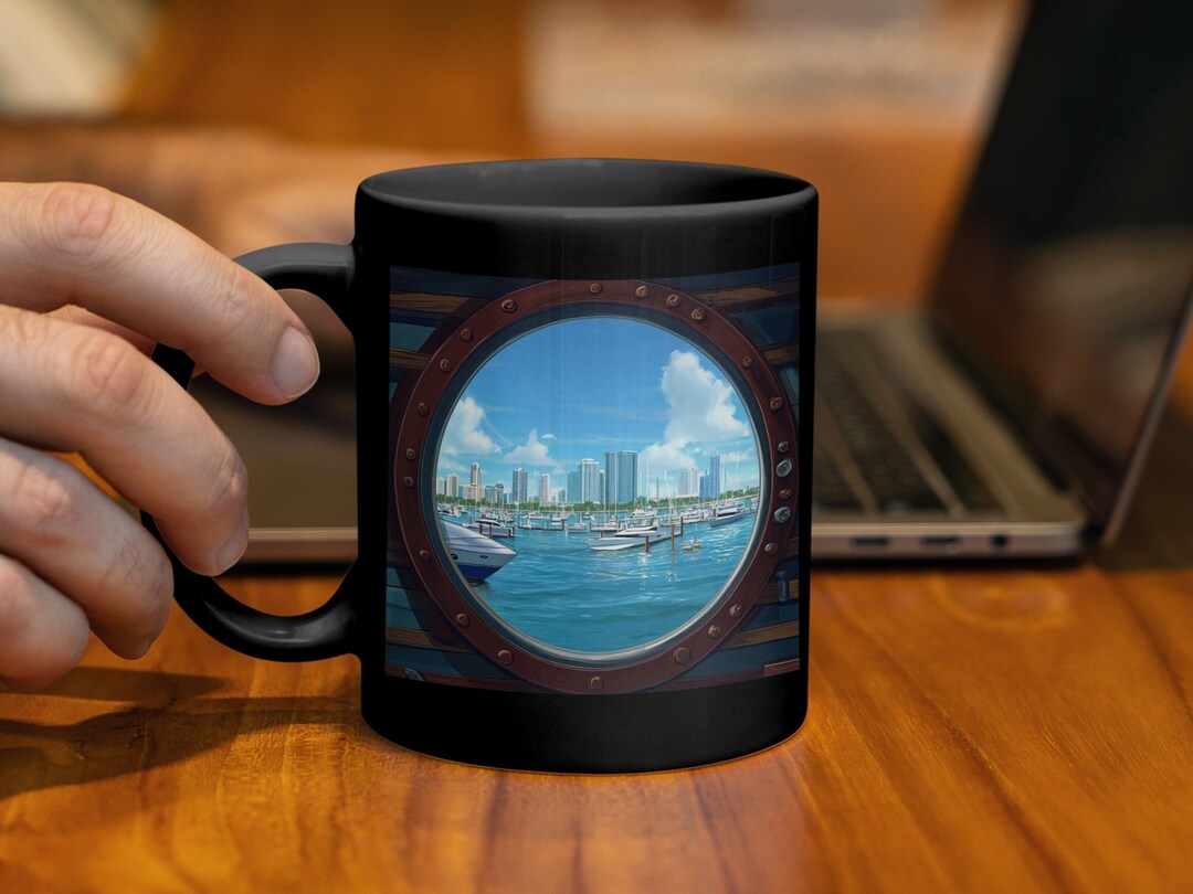 3D Nautical Coffee Mug, Ocean View Through Porthole, Cityscape and ...