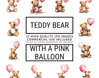 Teddy Bear Blue Balloon Clipart 12 High Quality Jpgs, Digital Planner ...