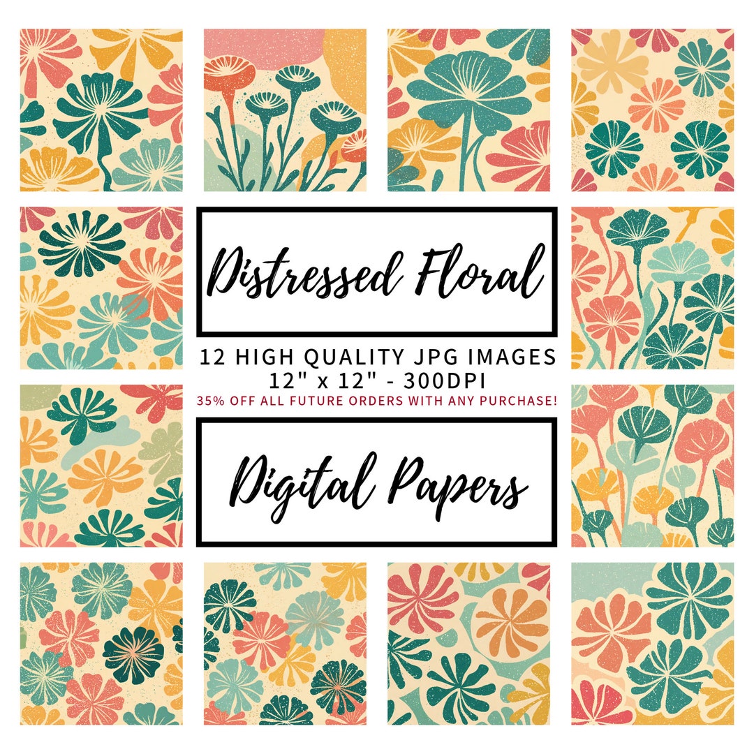Distressed Floral 12 X 12 Digital Papers for Scrapbooking, Junk ...