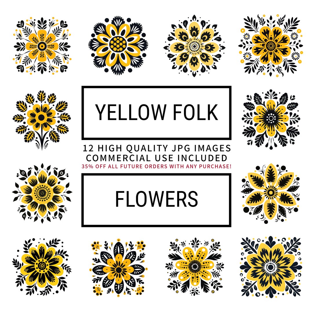 Yellow Folk Flowers Clipart 12 High Quality Jpgs, Memory Book, Junk ...