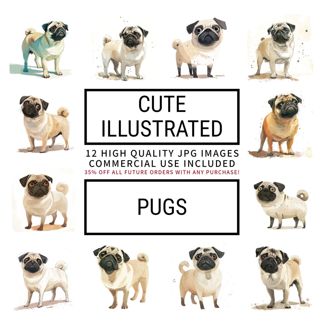Cute Illustrated Pug Dog Clipart 12 High Quality Jpgs, Digital Planners ...