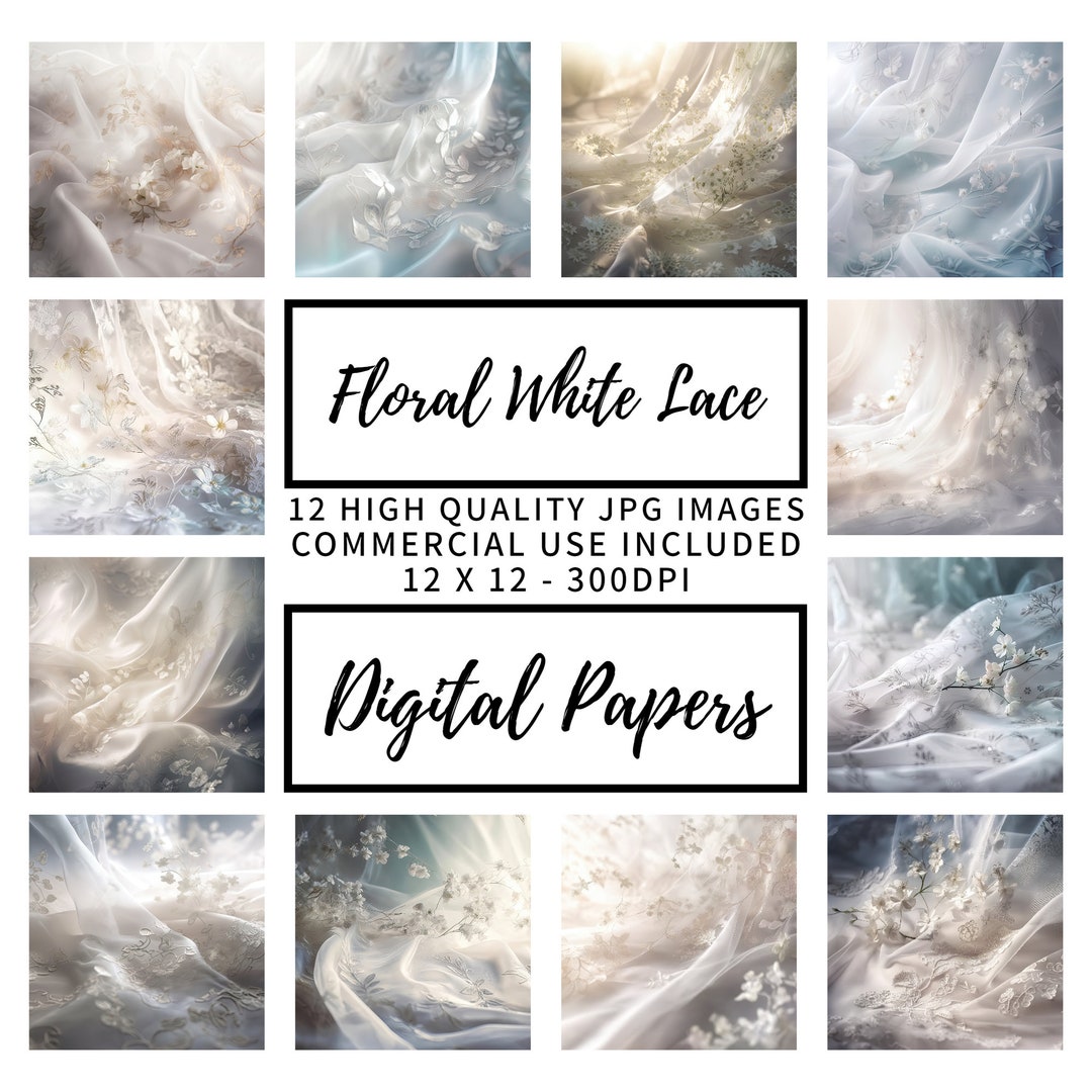 Floral White Lace 12 X 12 Digital Paper Pack, Scrapbook Paper, Journals ...