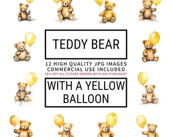 Teddy Bear Blue Balloon Clipart 12 High Quality Jpgs, Digital Planner ...
