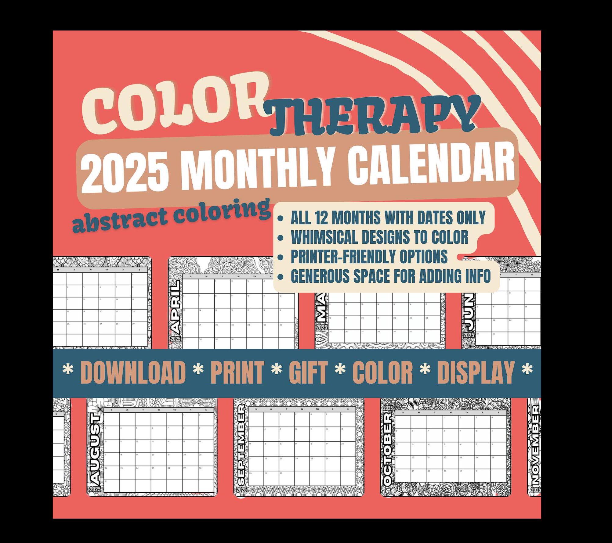 2025 Calendar- Abstract Design for Each Month to Color- 12 Months ...