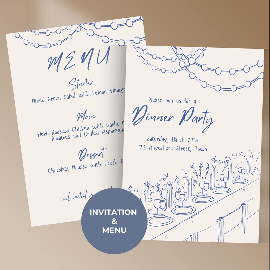 Dinner Invitation With Menu Card Canva Template Beige Background & Blue ...