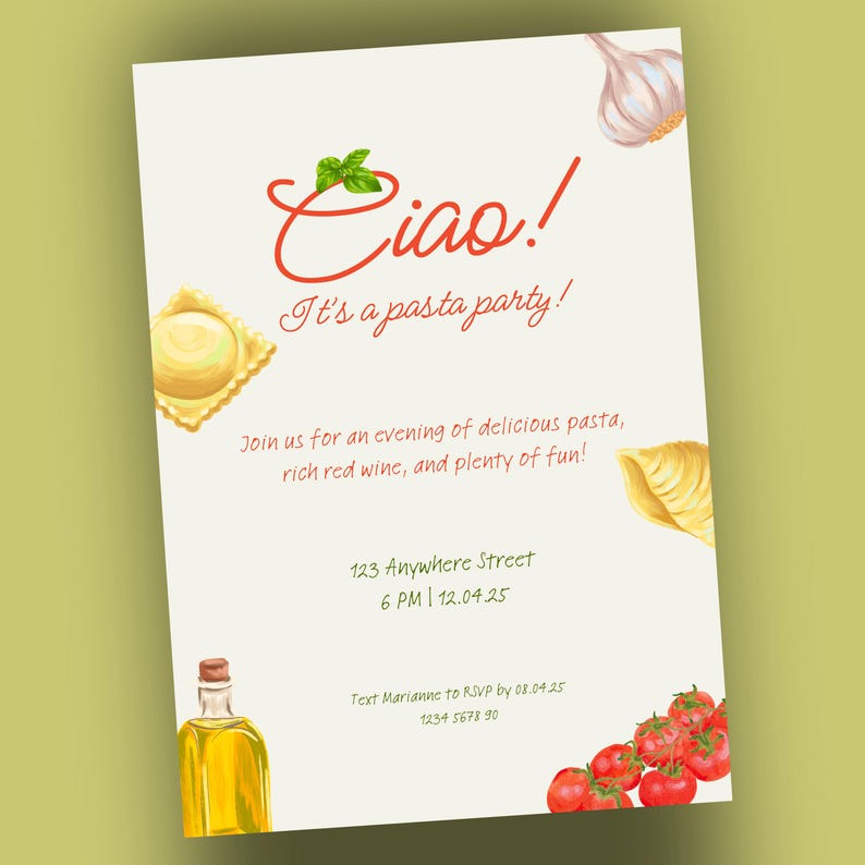 Customizable Pasta Party Invitation Italian Dinner Party Invite ...