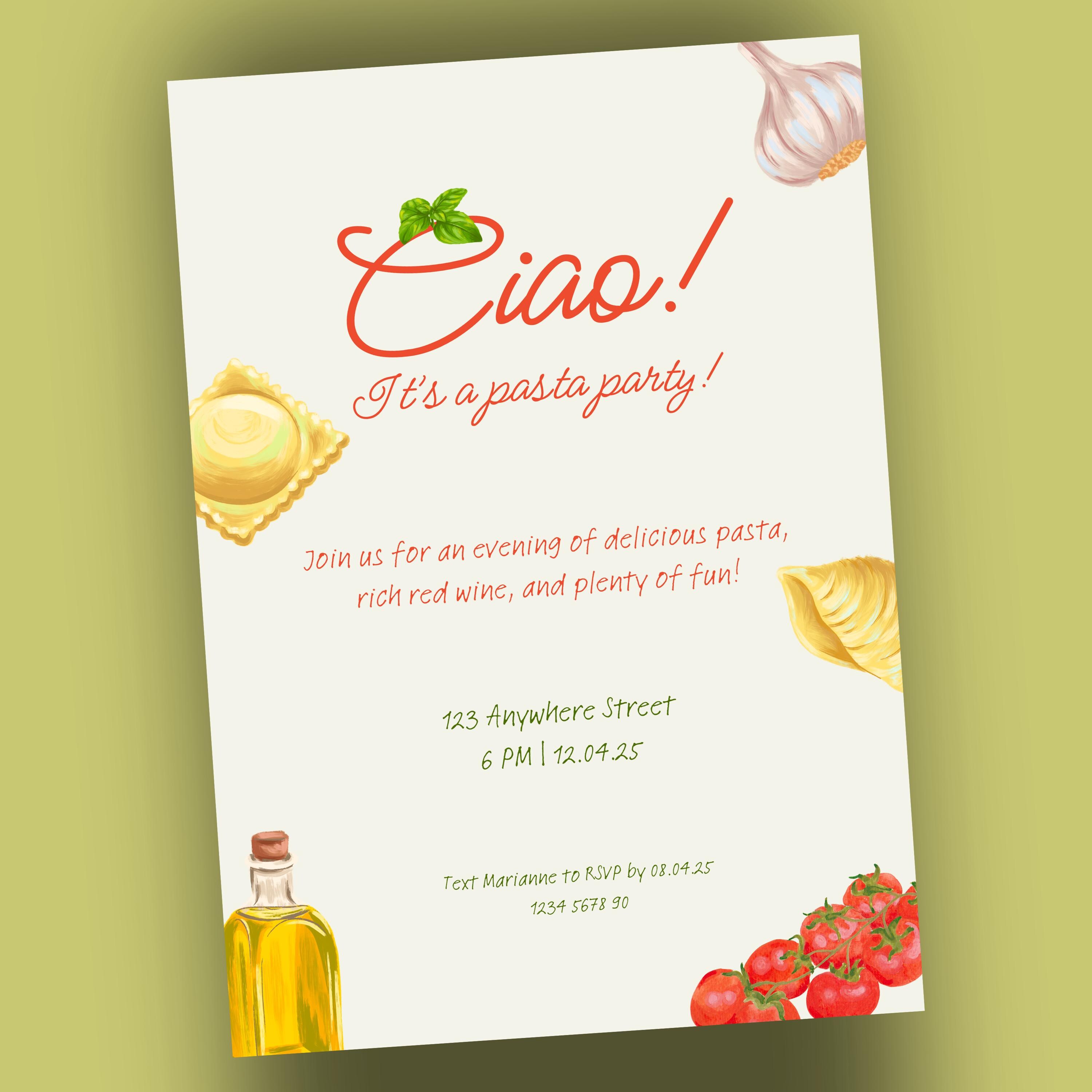Customizable Pasta Party Invitation Italian Dinner Party Invite ...