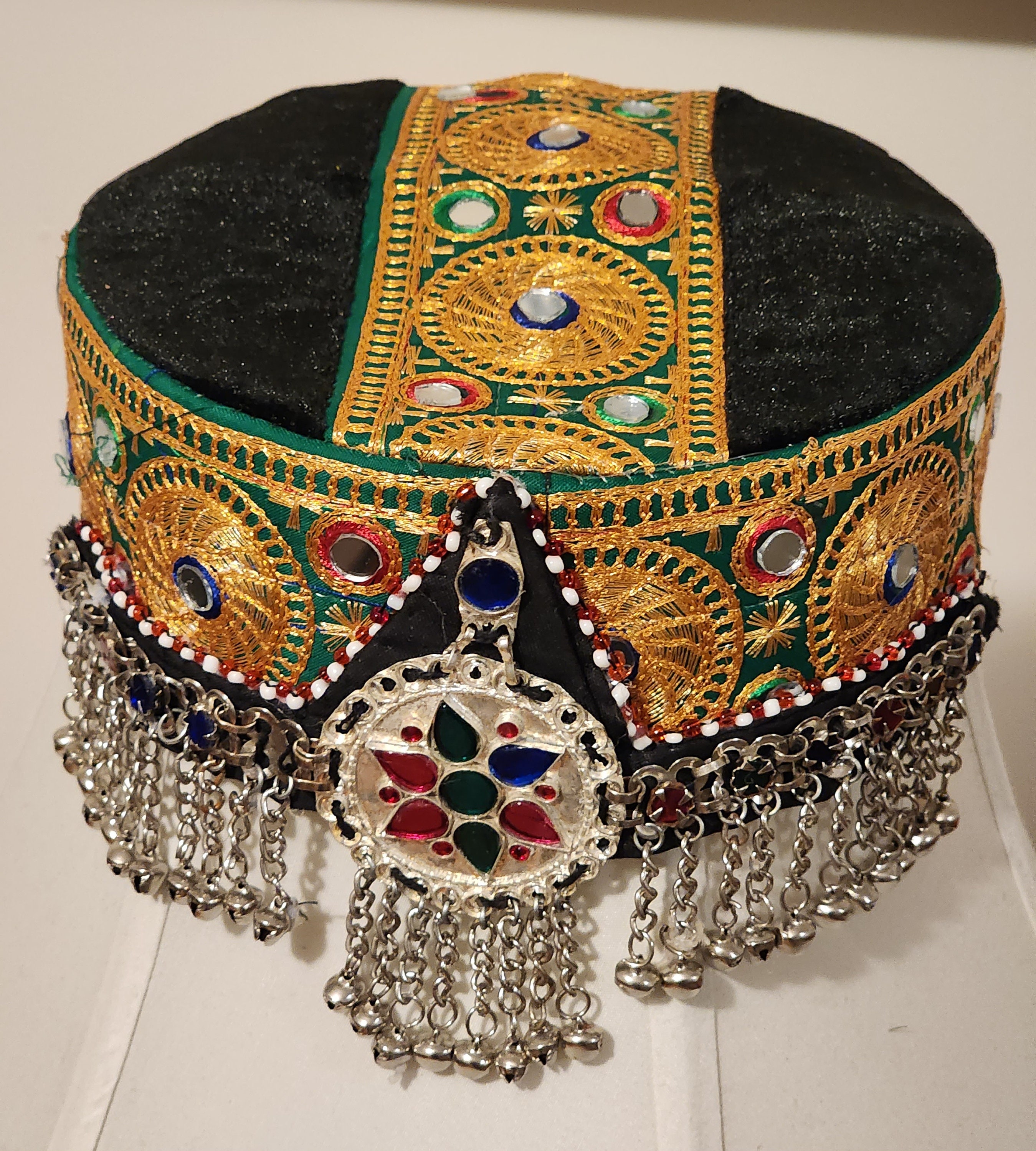 Afghan Traditional Golden Thread Embroided Cap With Headpiece Jewelry ...