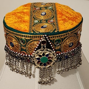 Afghan Traditional Golden Thread Embroided Cap With Headpiece Jewelry ...