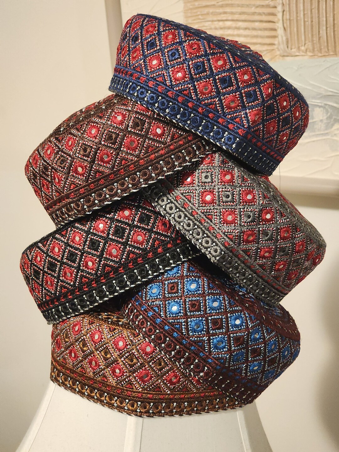 Traditional Embroided Glass Work Style Round Cap for Men. 22 & 22.5 ...