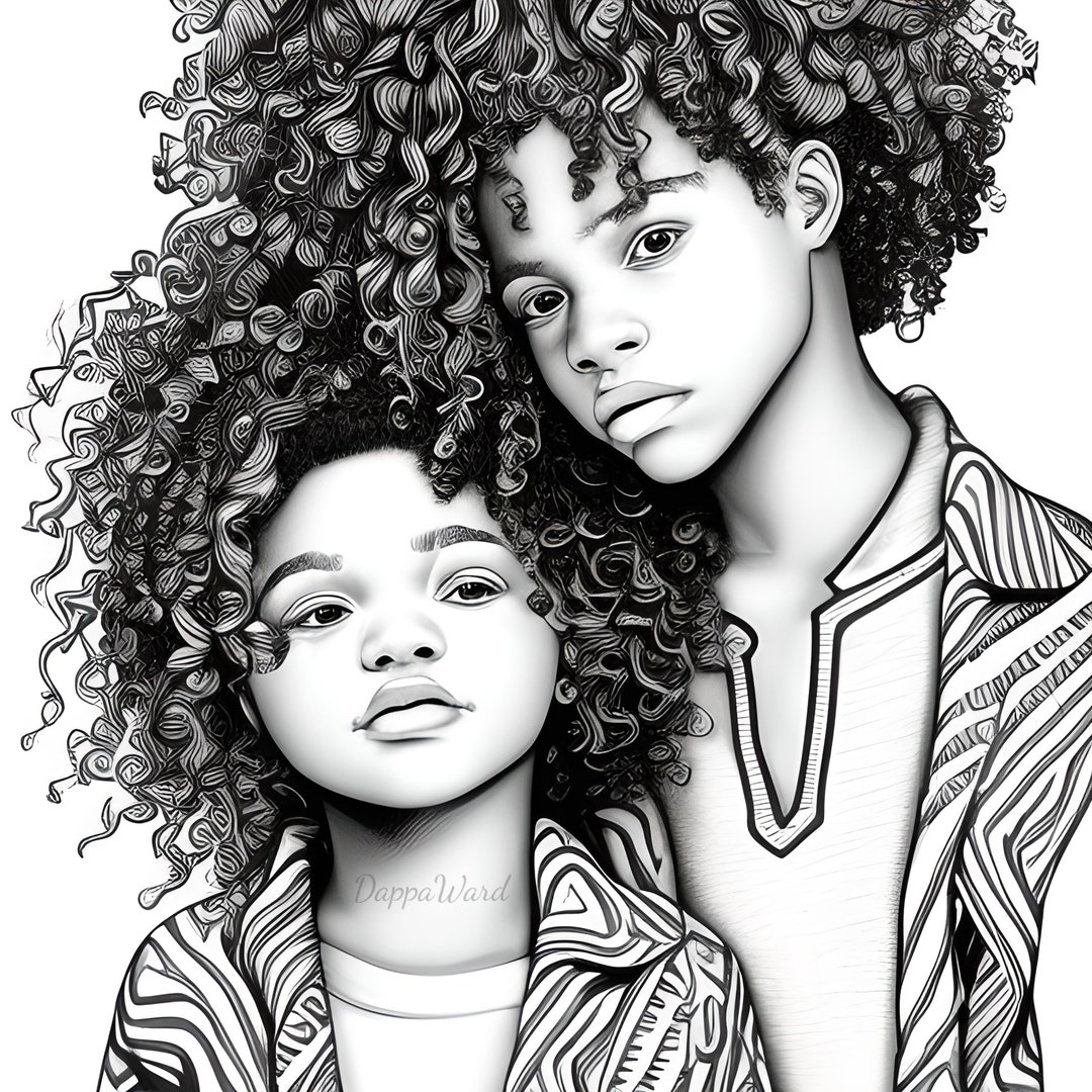 Wall Art: Curly Cutie Siblings, Line Art, Instant Digital Download Art ...