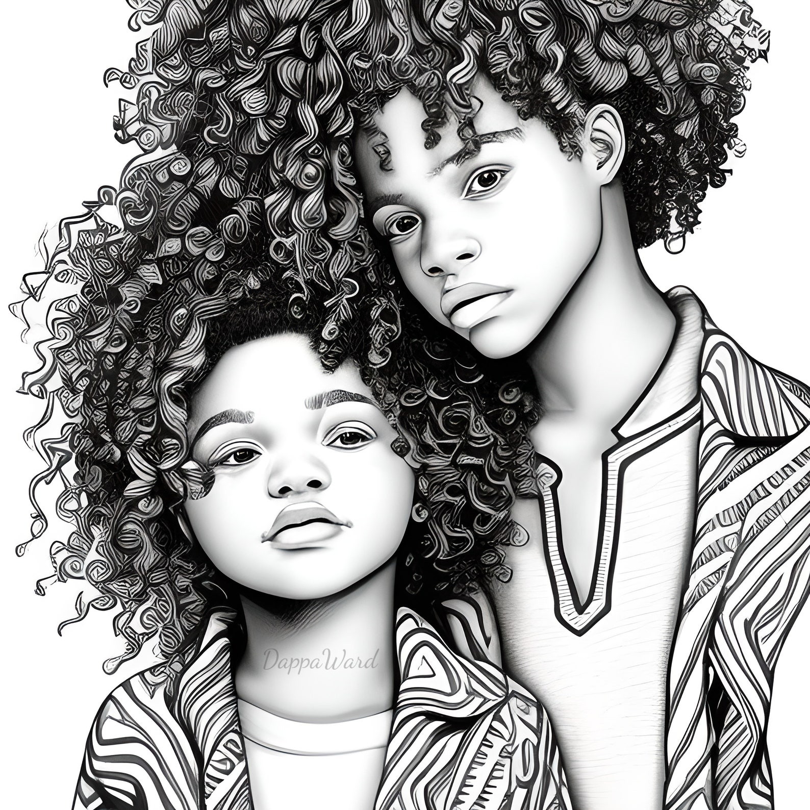 Wall Art: Curly Cutie Siblings, Line Art, Instant Digital Download Art ...