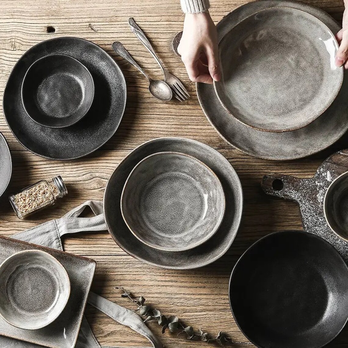 Retro Ceramic Dinnerware in Black and Gray - Etsy