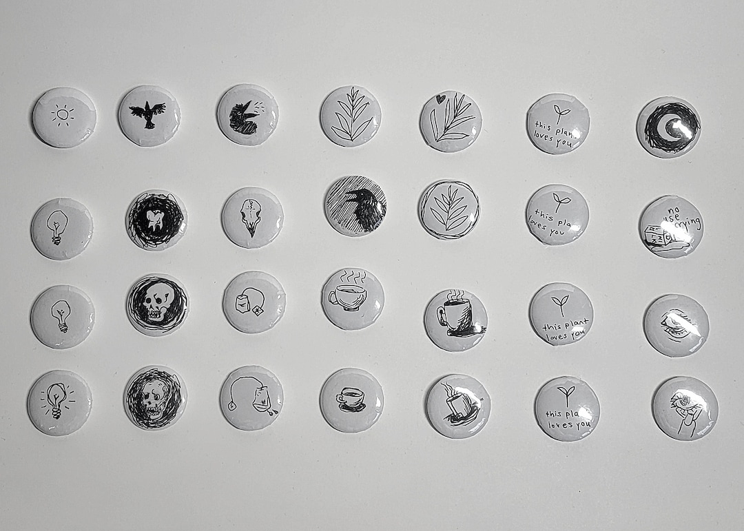 Hand-drawn Design Button Pins, B&W Wearable Art - Etsy
