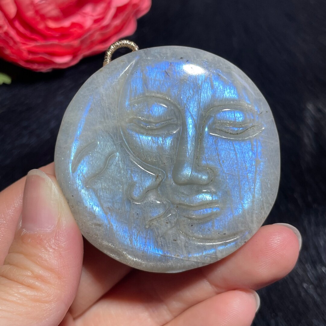 1.9 Inch Full Flash Hand Carved Blue Moonstone Sun Moon , Super Flashy ...