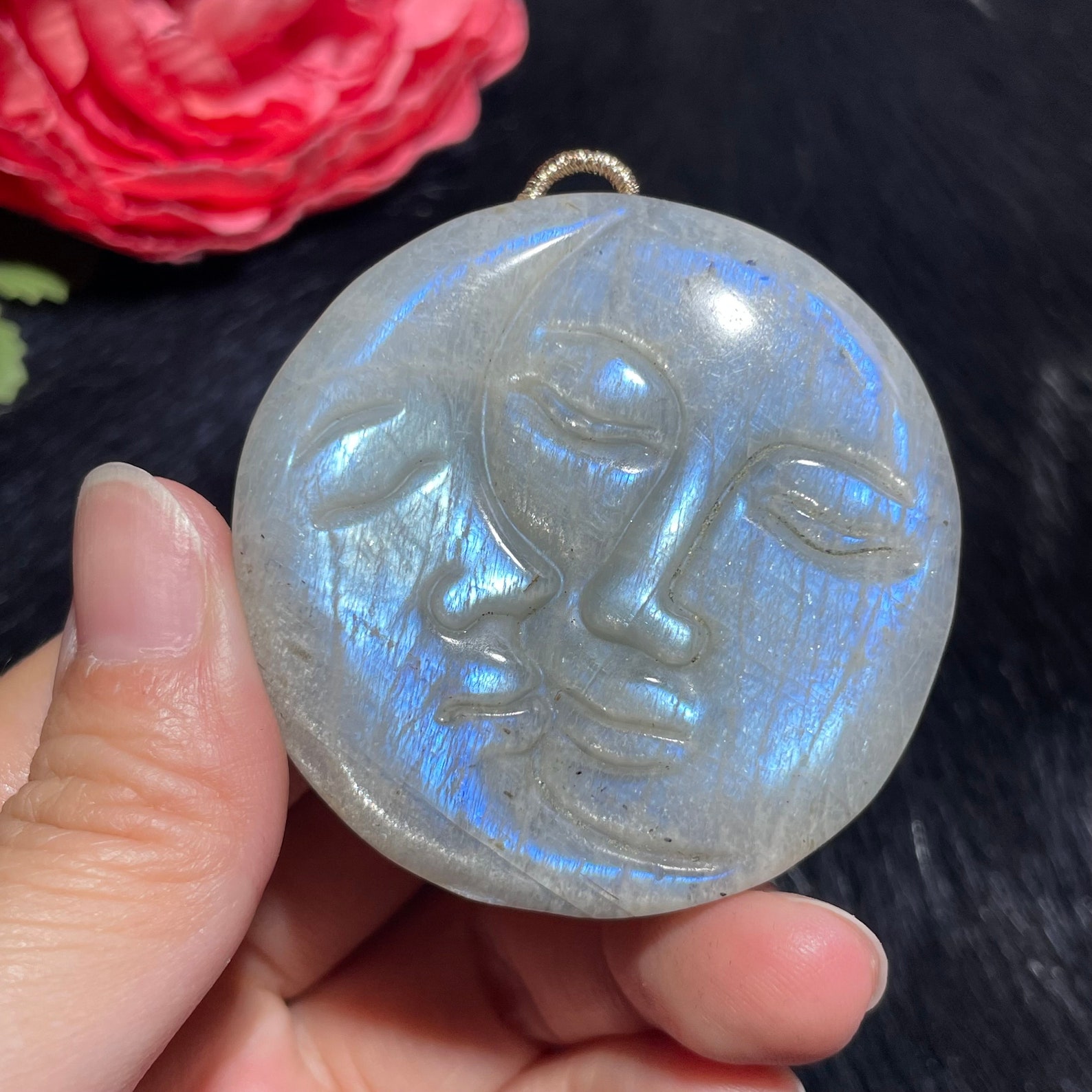 1.9 Inch Full Flash Hand Carved Blue Moonstone Sun Moon , Super Flashy ...