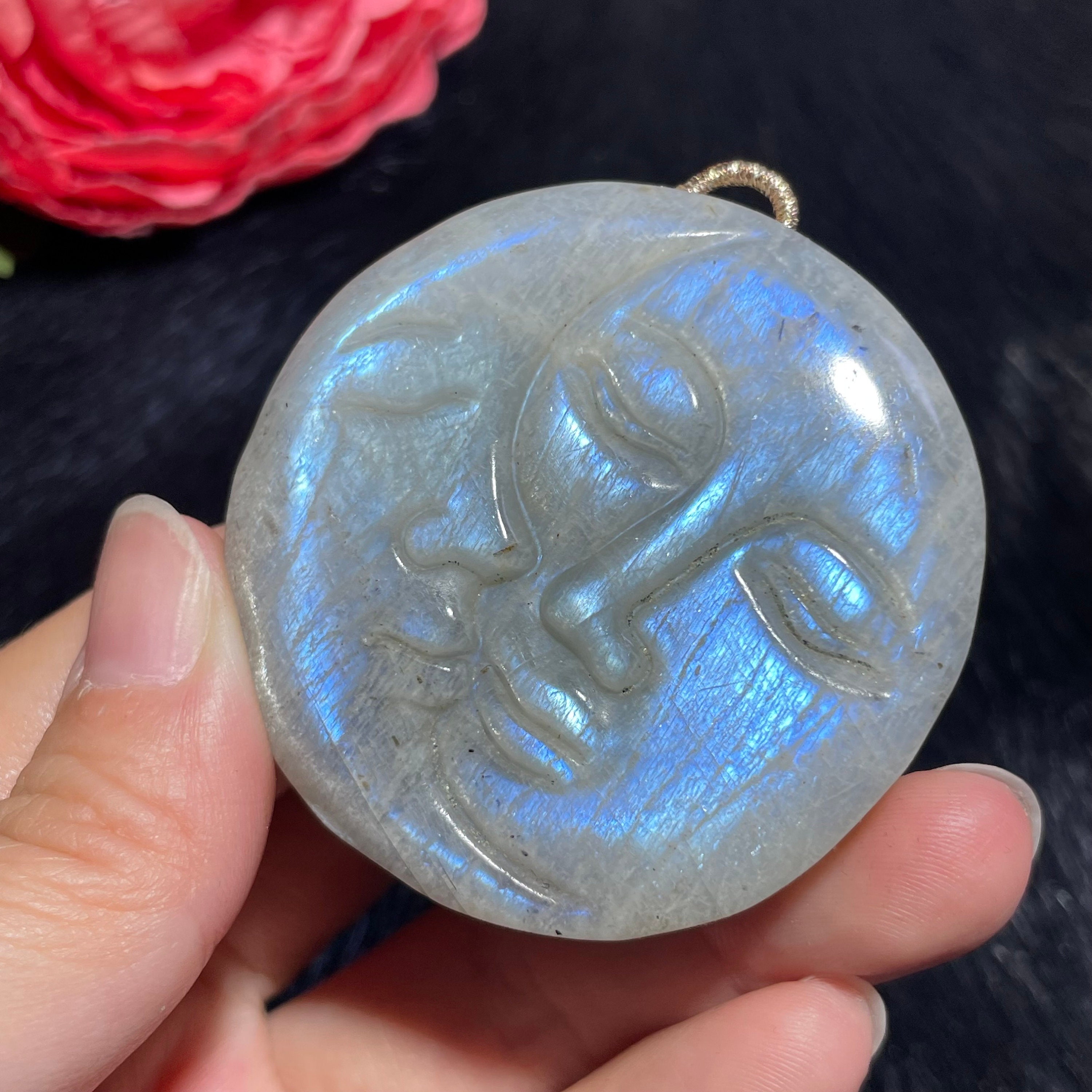 1.9 Inch Full Flash Hand Carved Blue Moonstone Sun Moon , Super Flashy ...