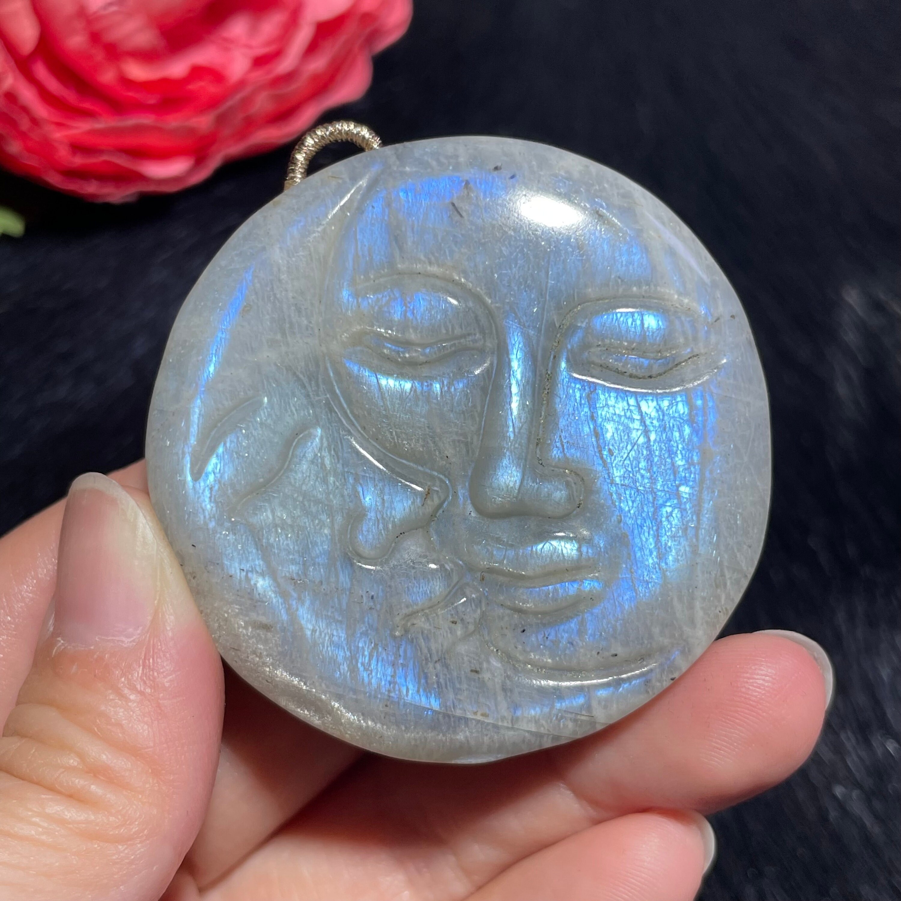 1.9 Inch Full Flash Hand Carved Blue Moonstone Sun Moon , Super Flashy ...