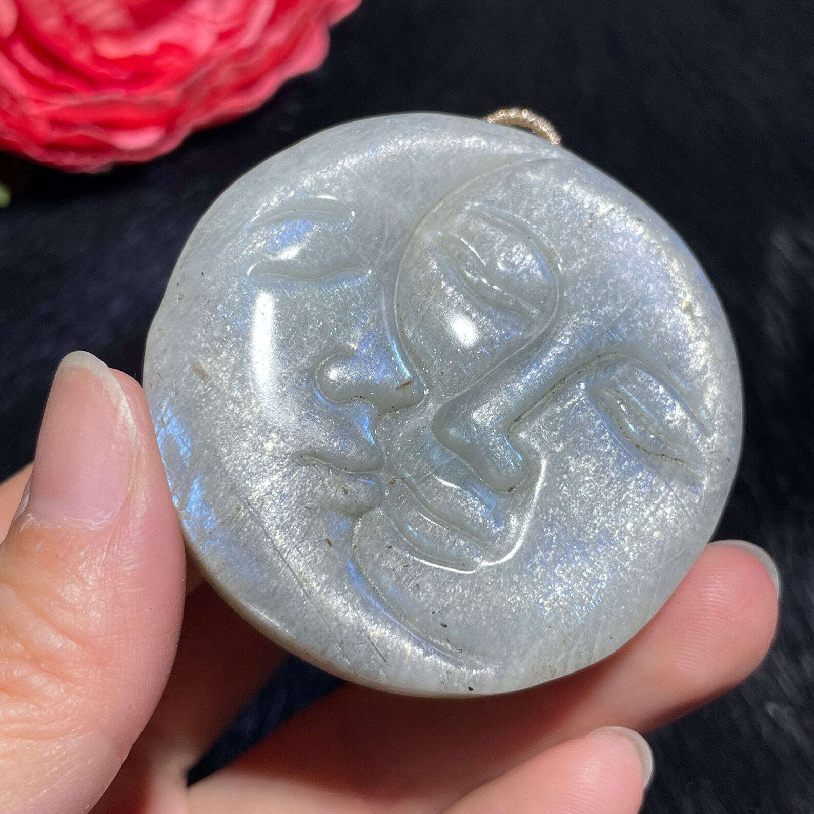 1.9 Inch Full Flash Hand Carved Blue Moonstone Sun Moon , Super Flashy ...