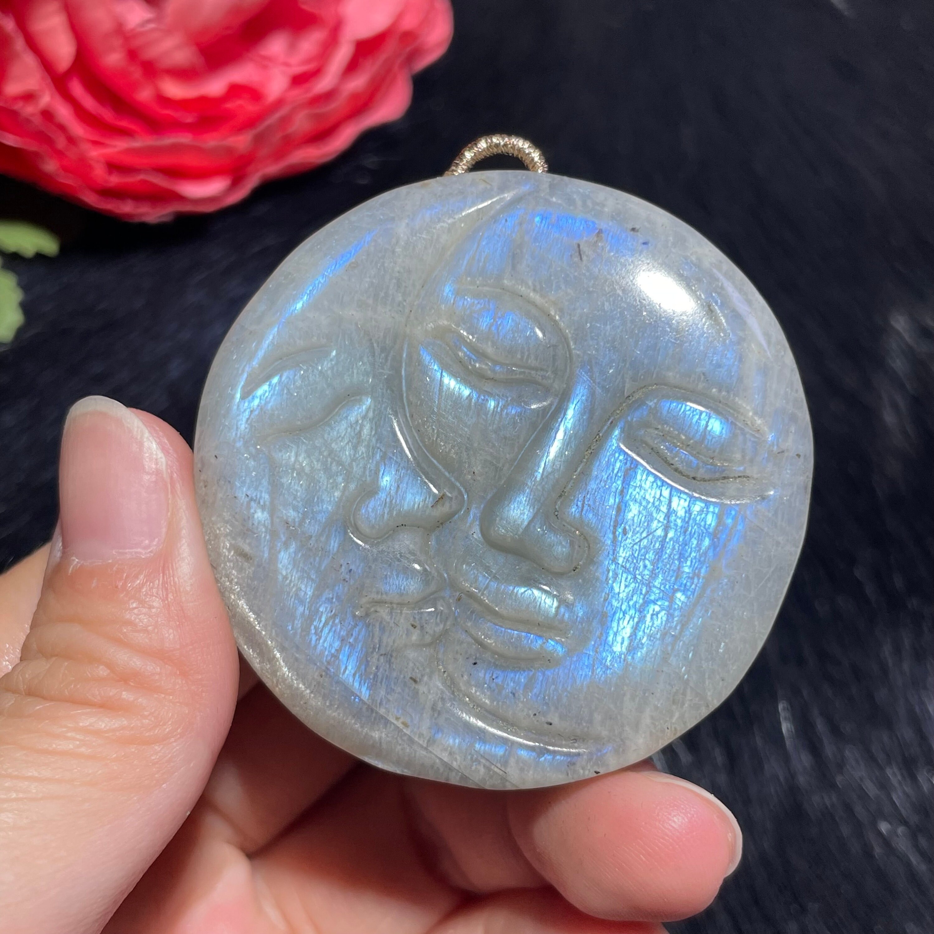 1.9 Inch Full Flash Hand Carved Blue Moonstone Sun Moon , Super Flashy ...