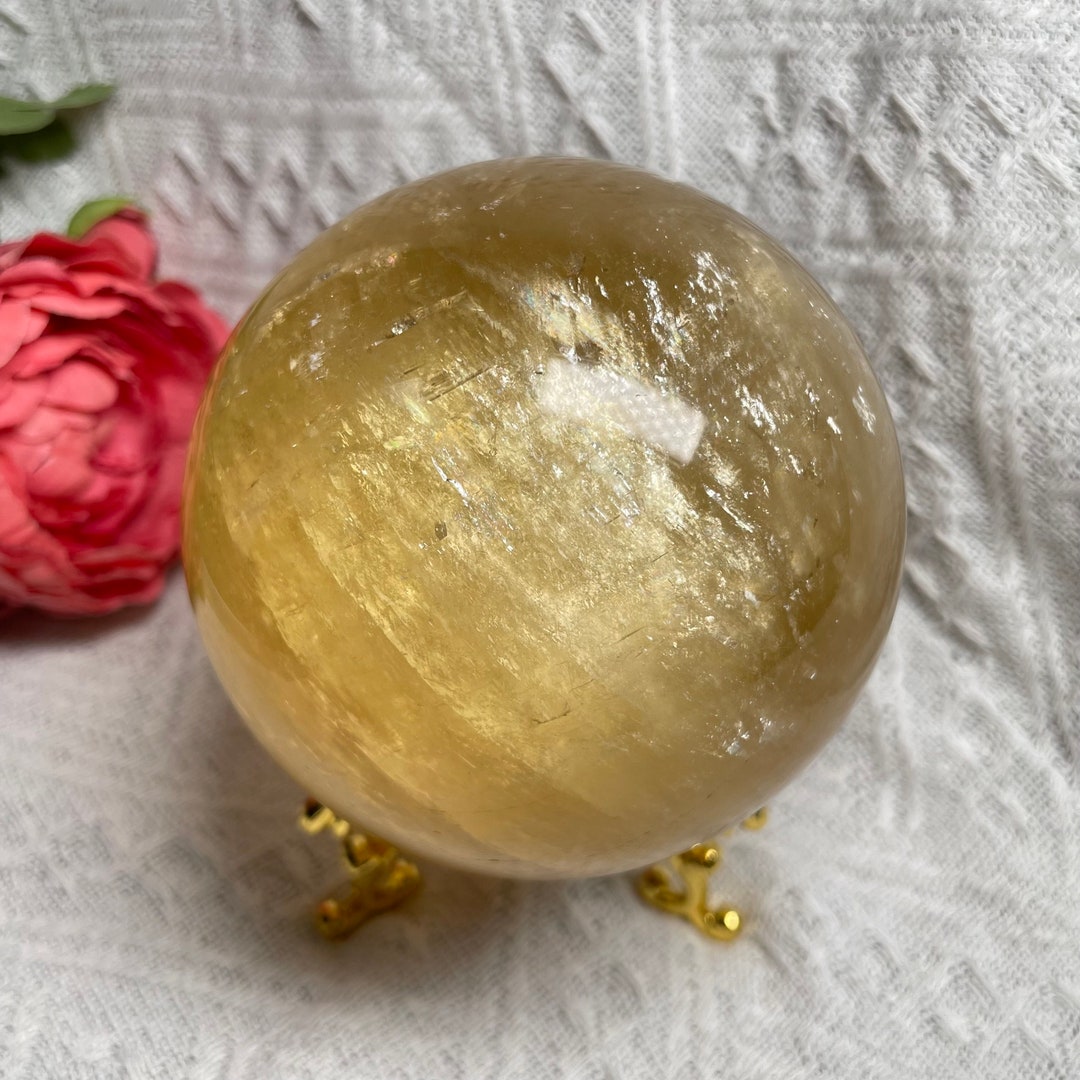 90mm 1086g Large Golden Optical Calcite Sphere, Rainbow Calcite Crystal ...
