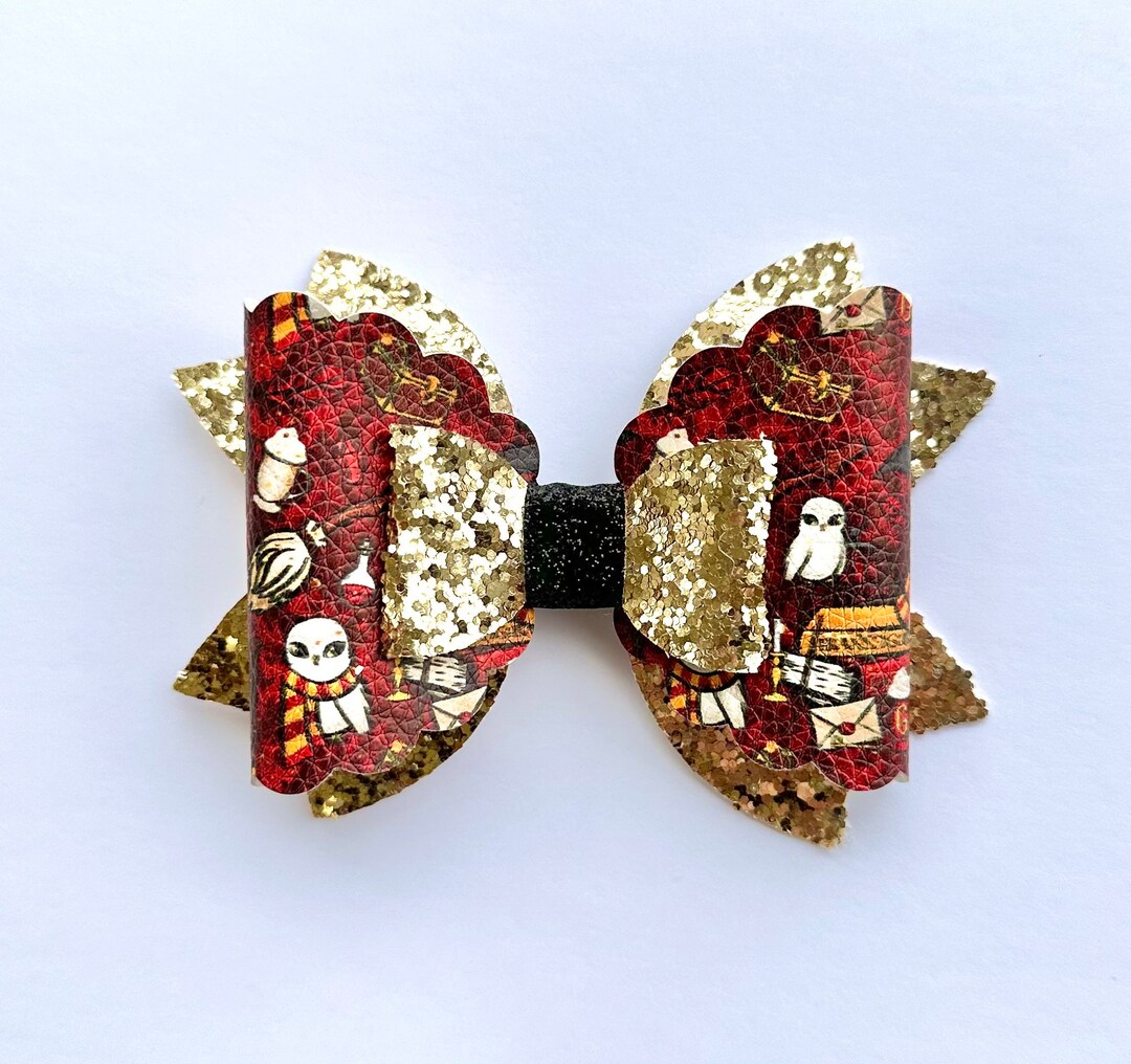 Potter Wizard Deluxe Faux Leather Hair Bow // Red and Gold Sparkle ...