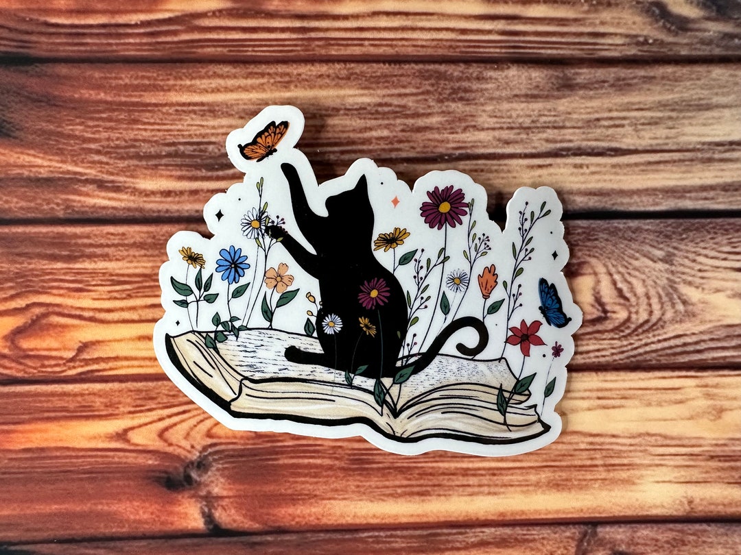 Sitting Black Cat Sticker, Black Cat on Book Sticker, Bookish Cat ...