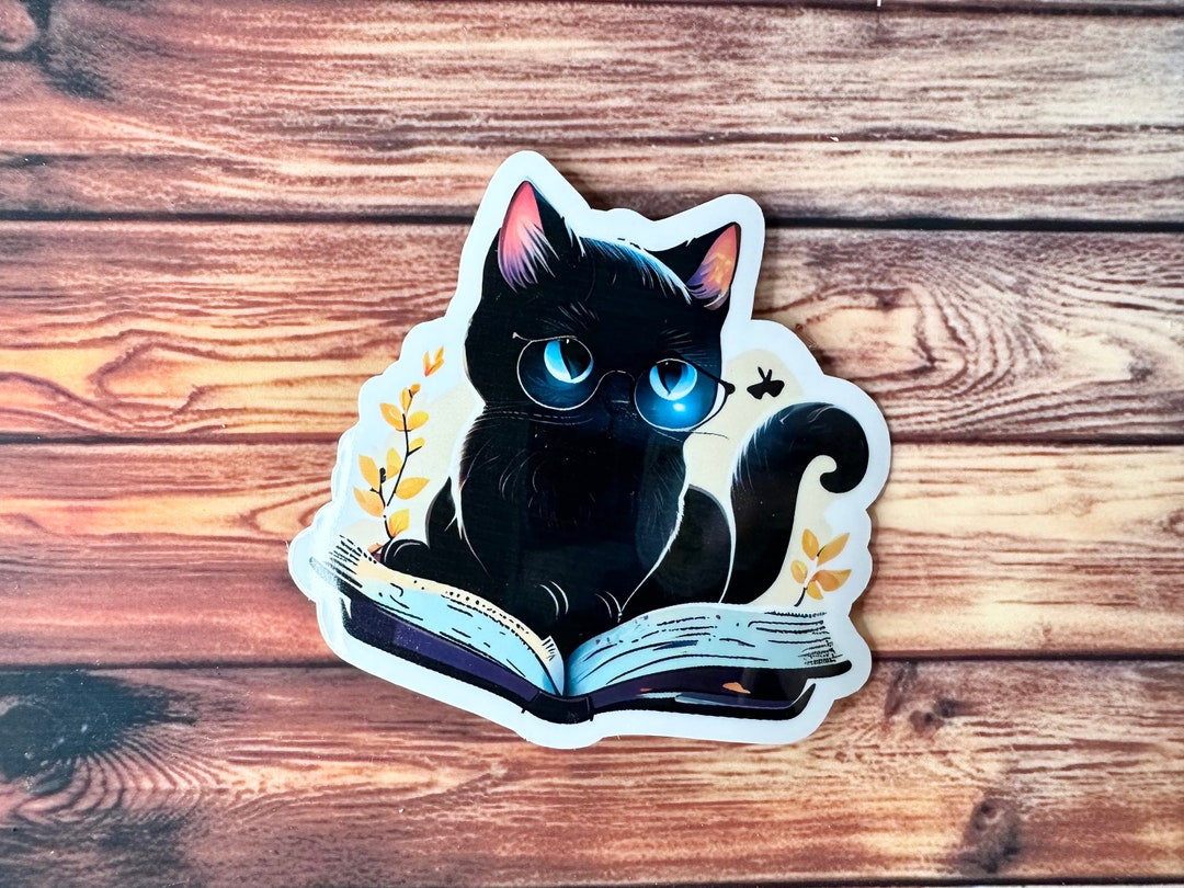Colorful Black Cat Sticker, Black Cat Book Sticker, Bookish Cat Sticker ...