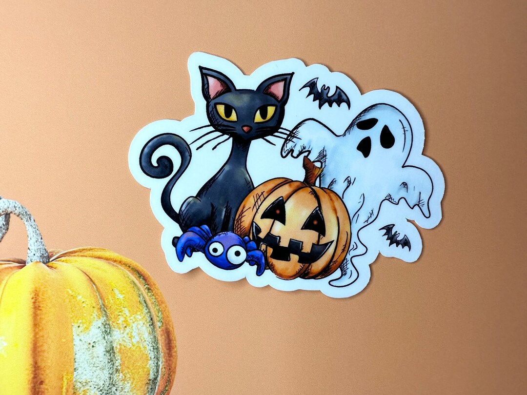Black Cat Halloween Sticker, Black Cat and Ghost Stickers, Halloween ...
