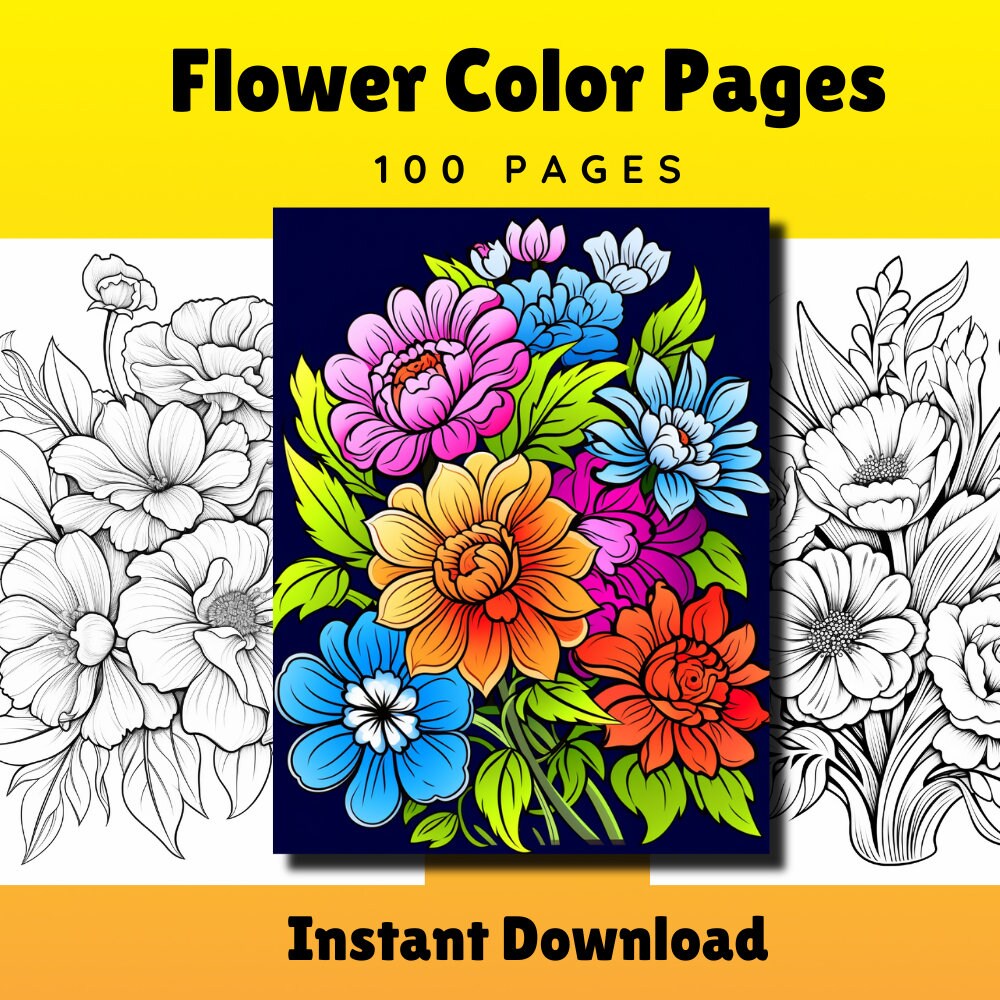 Flower Coloring Pages, Relaxing Coloring Pages, 100 Pages, PDF Digital ...