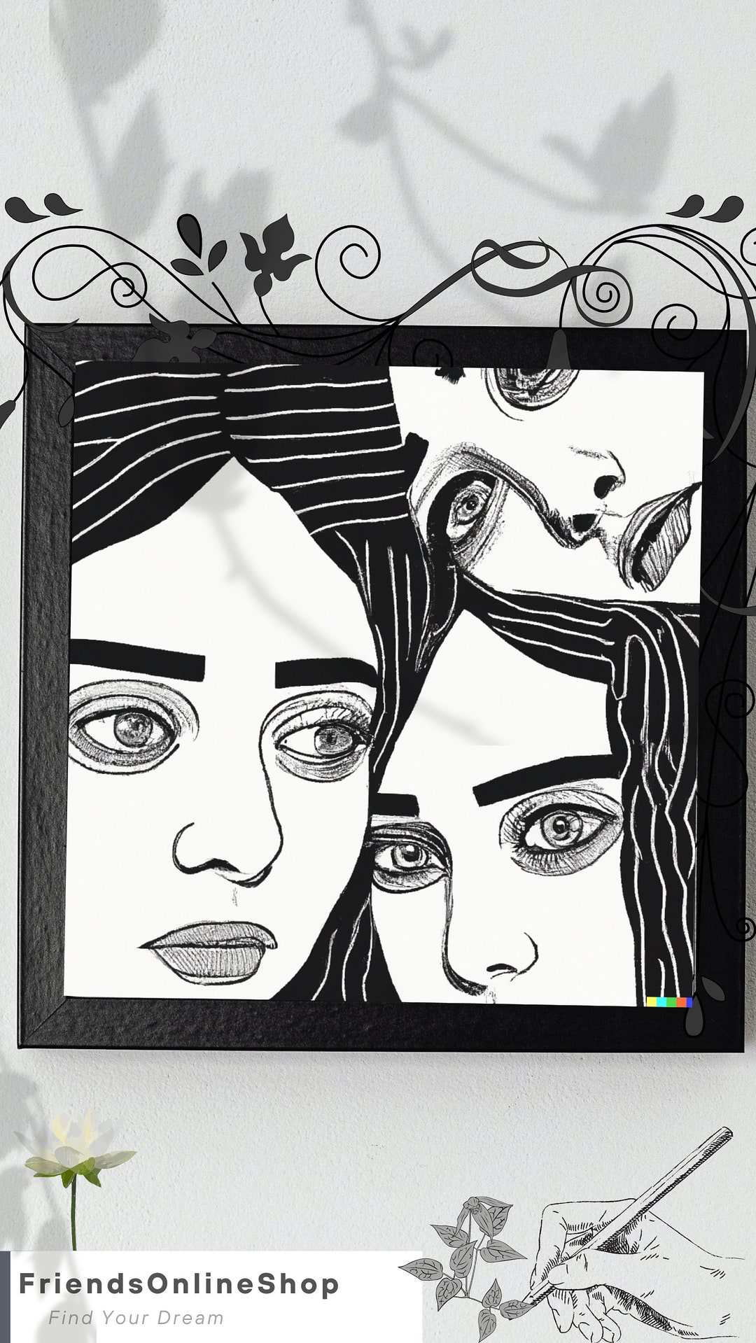 Surrealist Women Face Drawing, Portrait, Black and White Print, Line ...