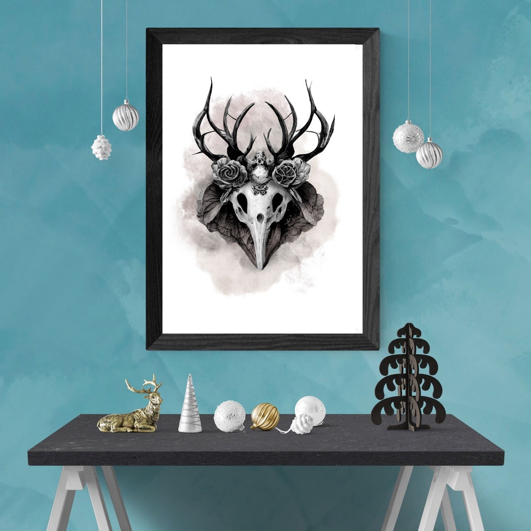 Boho Sepia Skull Wall Art, Poster Print, Floral Antlers Poster, Gothic ...