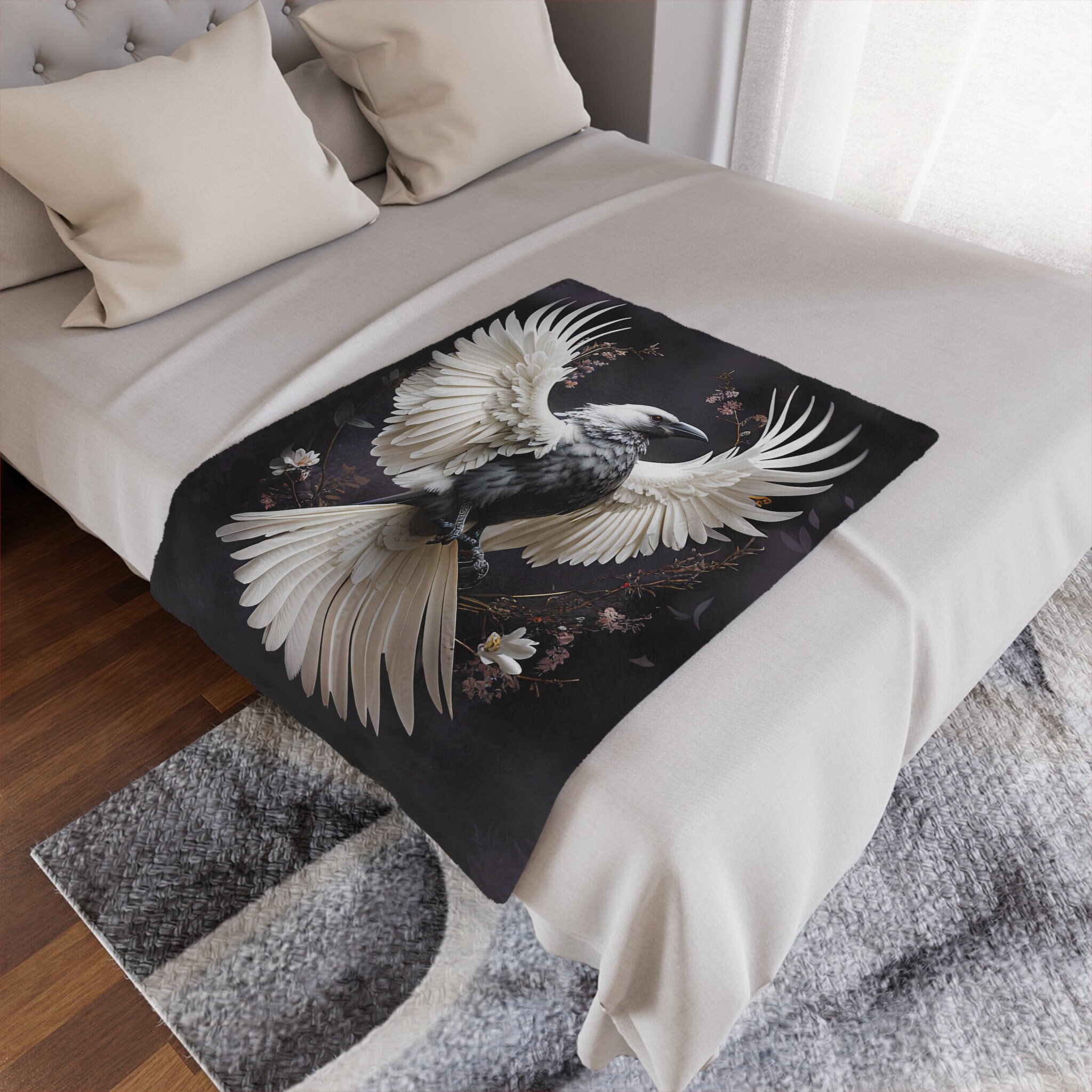 White Raven Blanket, Raven Decor, Crow, Gothic Blanket, Couch Throw ...