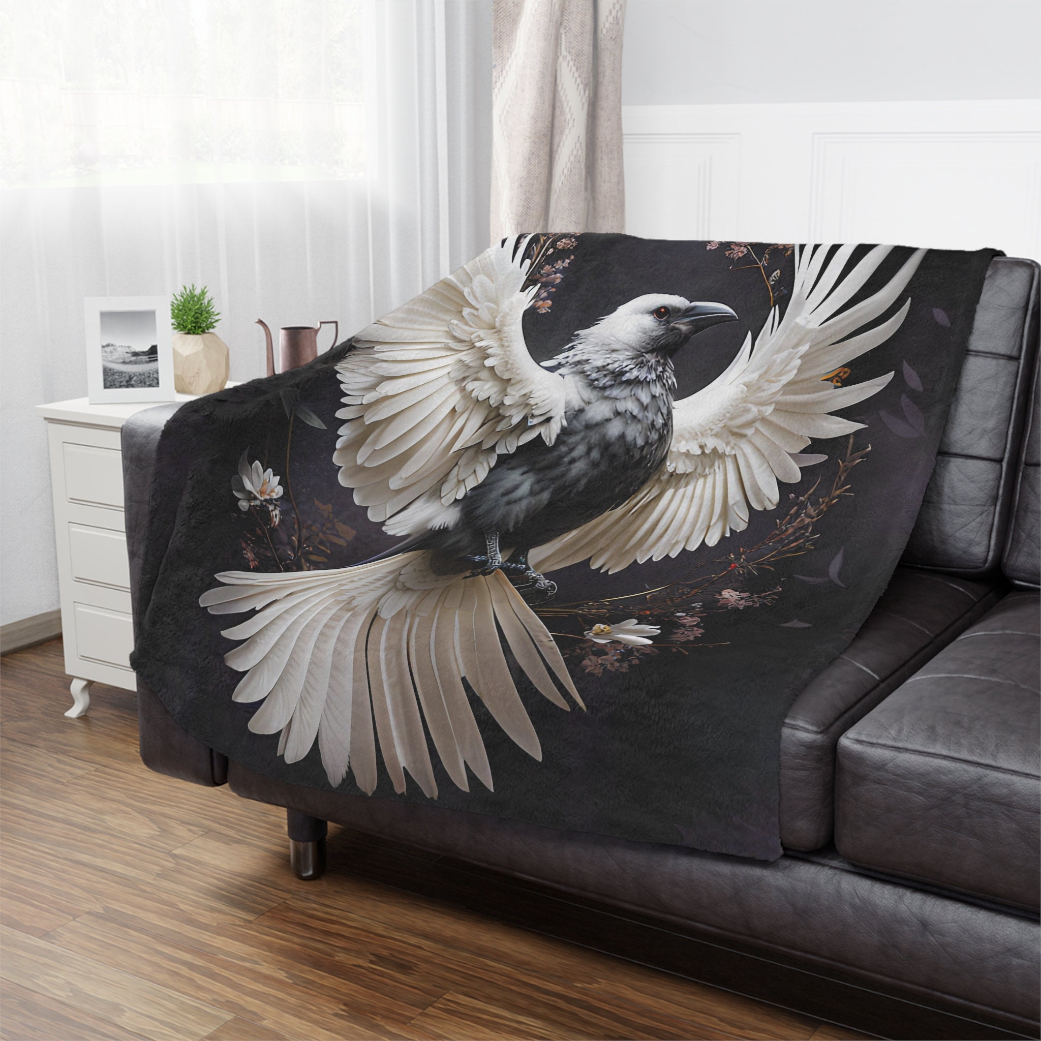 White Raven Blanket, Raven Decor, Crow, Gothic Blanket, Couch Throw ...