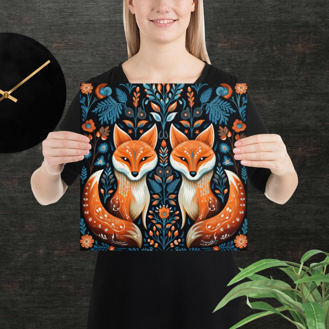 Fox Poster Folk Art Fox Wall Art Folk Art Decor Poster - Etsy