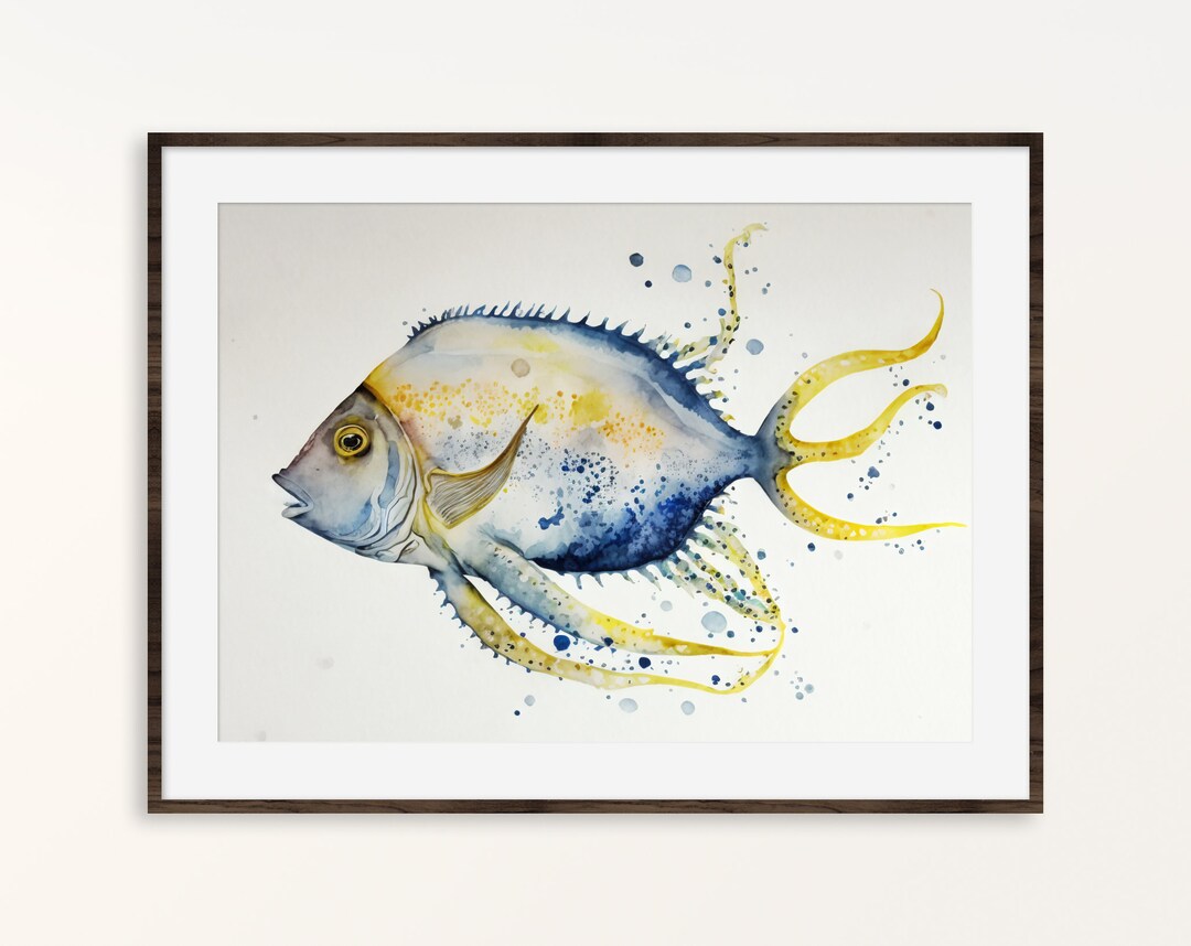 Fish Print Blue and Yellow Watercolor Kitchen Digital Painting ...