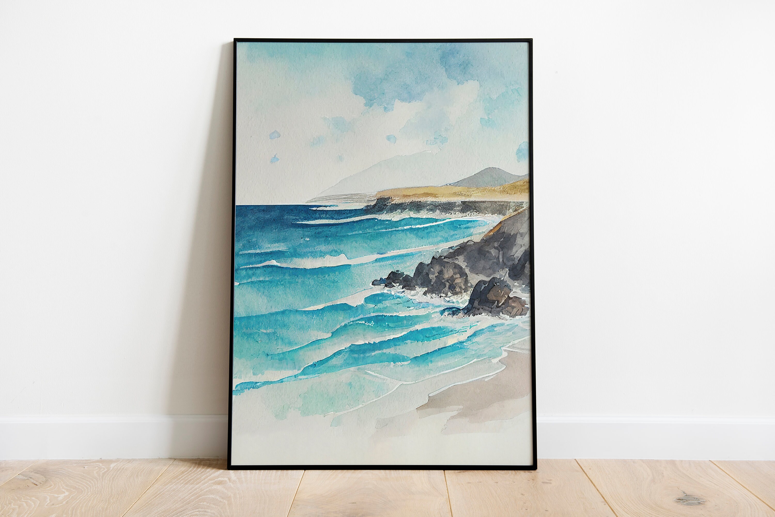 Light Blue Watercolor Abstract Landscape Painting, Hawaii Light Blue ...