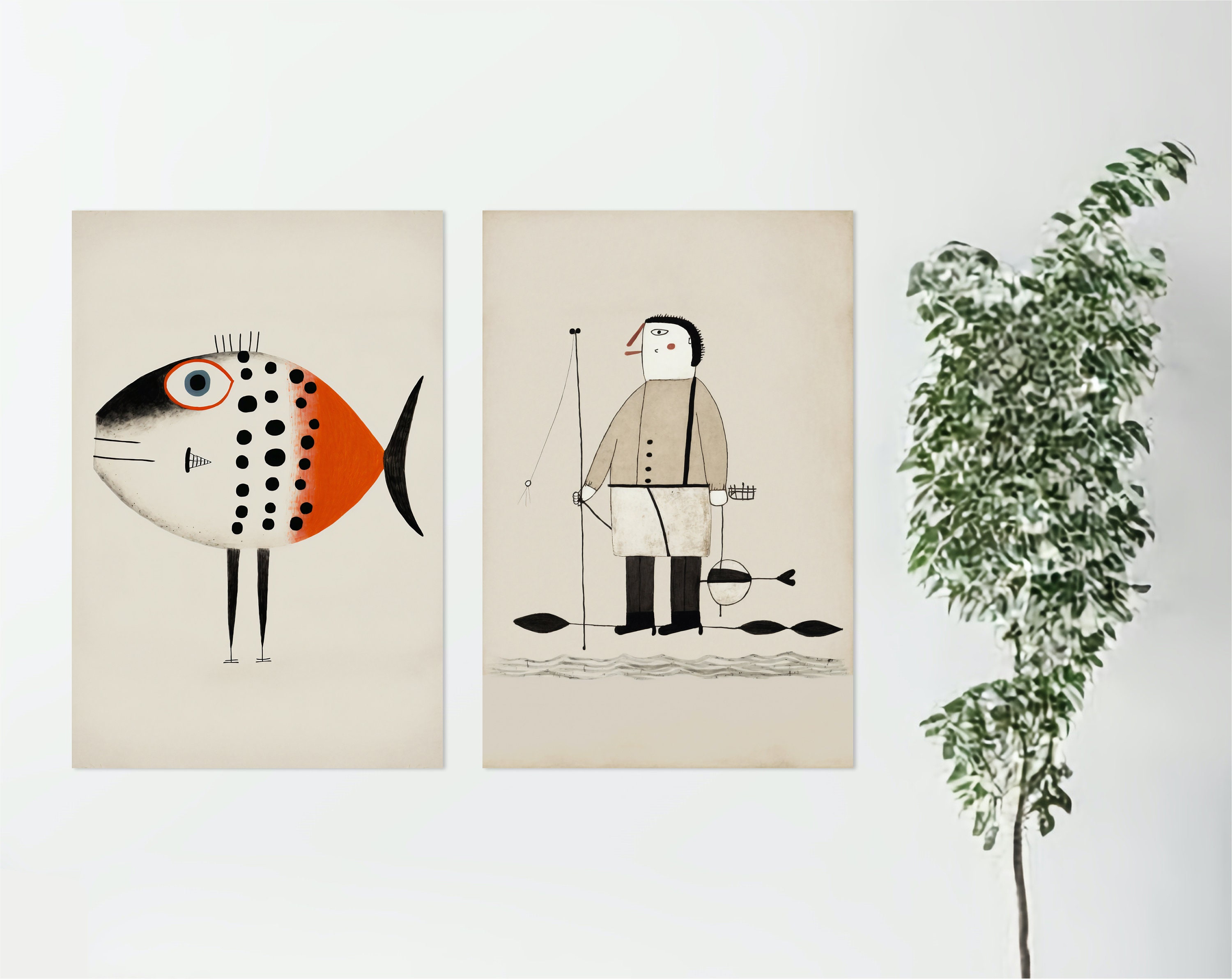 Fish and Fisherman Set of Three Art Graphic Design Prints, Set of 3 ...