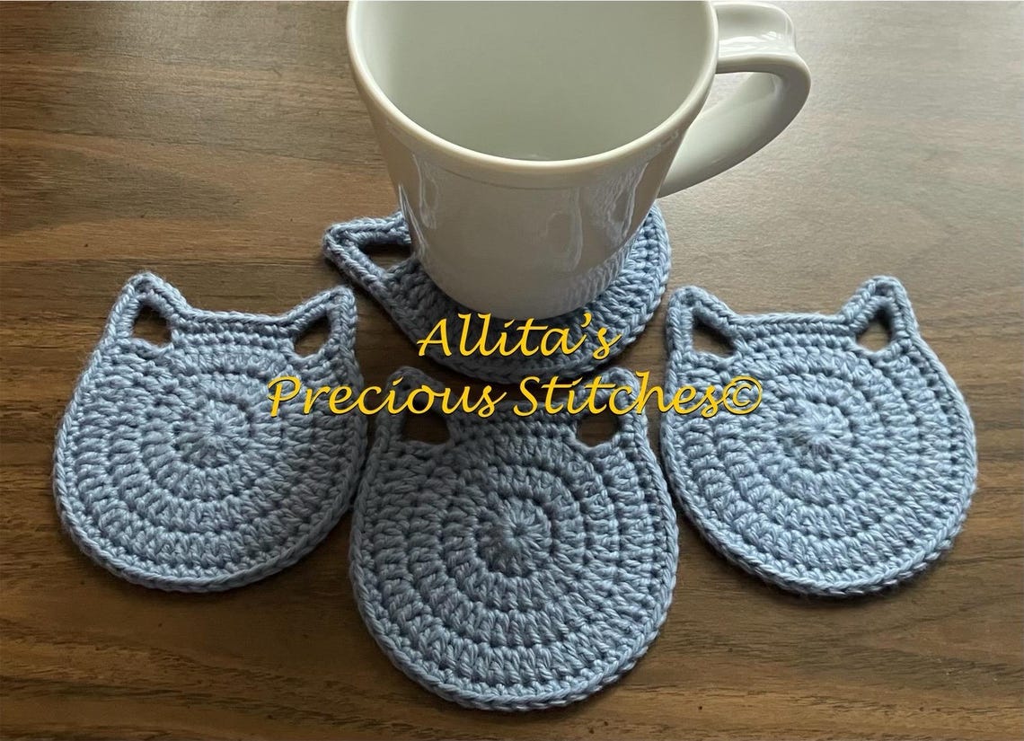 Crochet Cat Coasters, Set of 4, 100% Cotton, Kitty Coasters, Animal ...