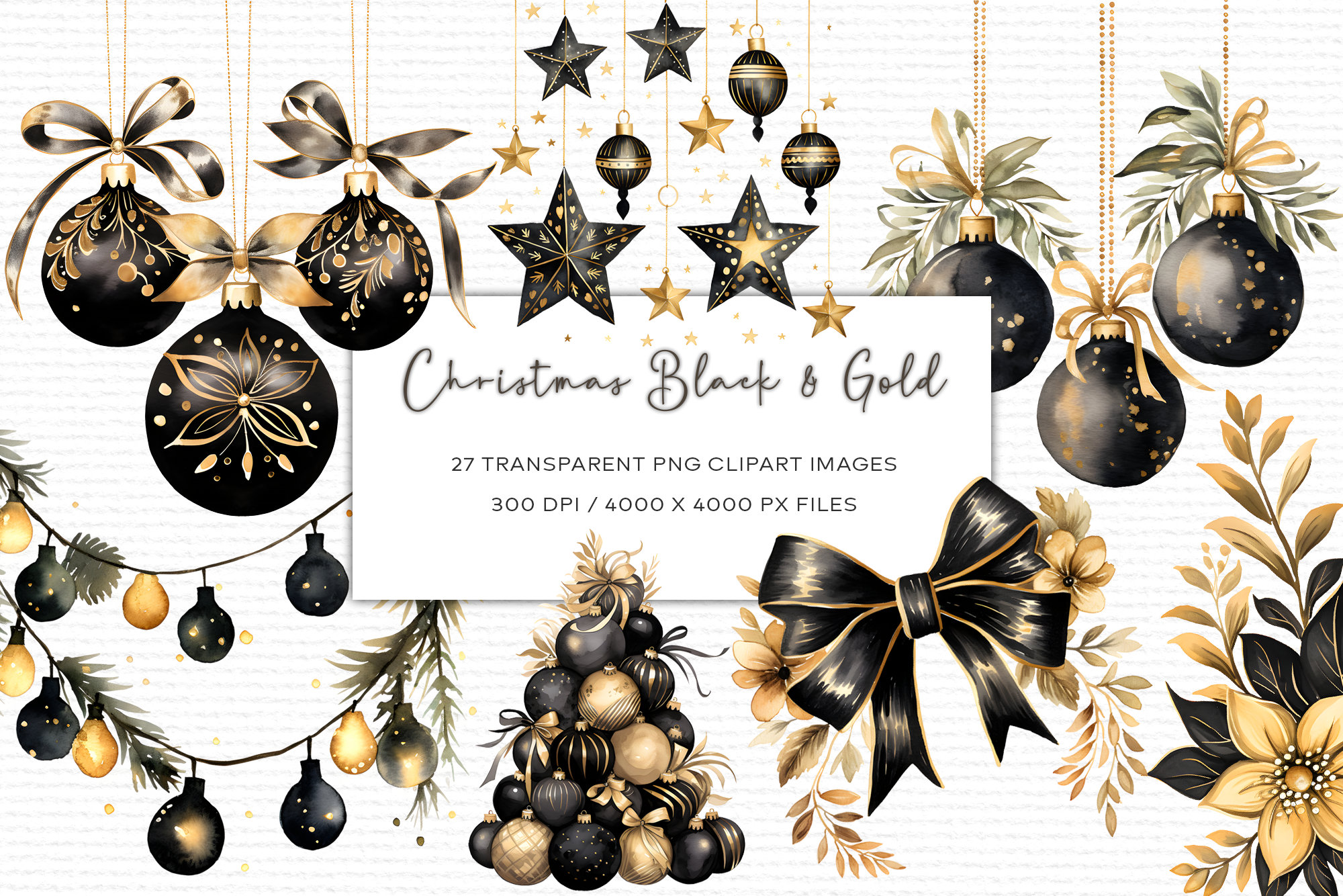 Black & Gold Christmas Decoration Watercolor Clipart, Christmas Clipart ...