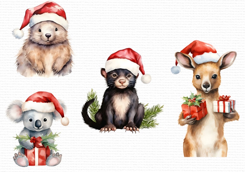 Christmas Australian Animals Watercolor Clipart, Kangaroo Clipart ...