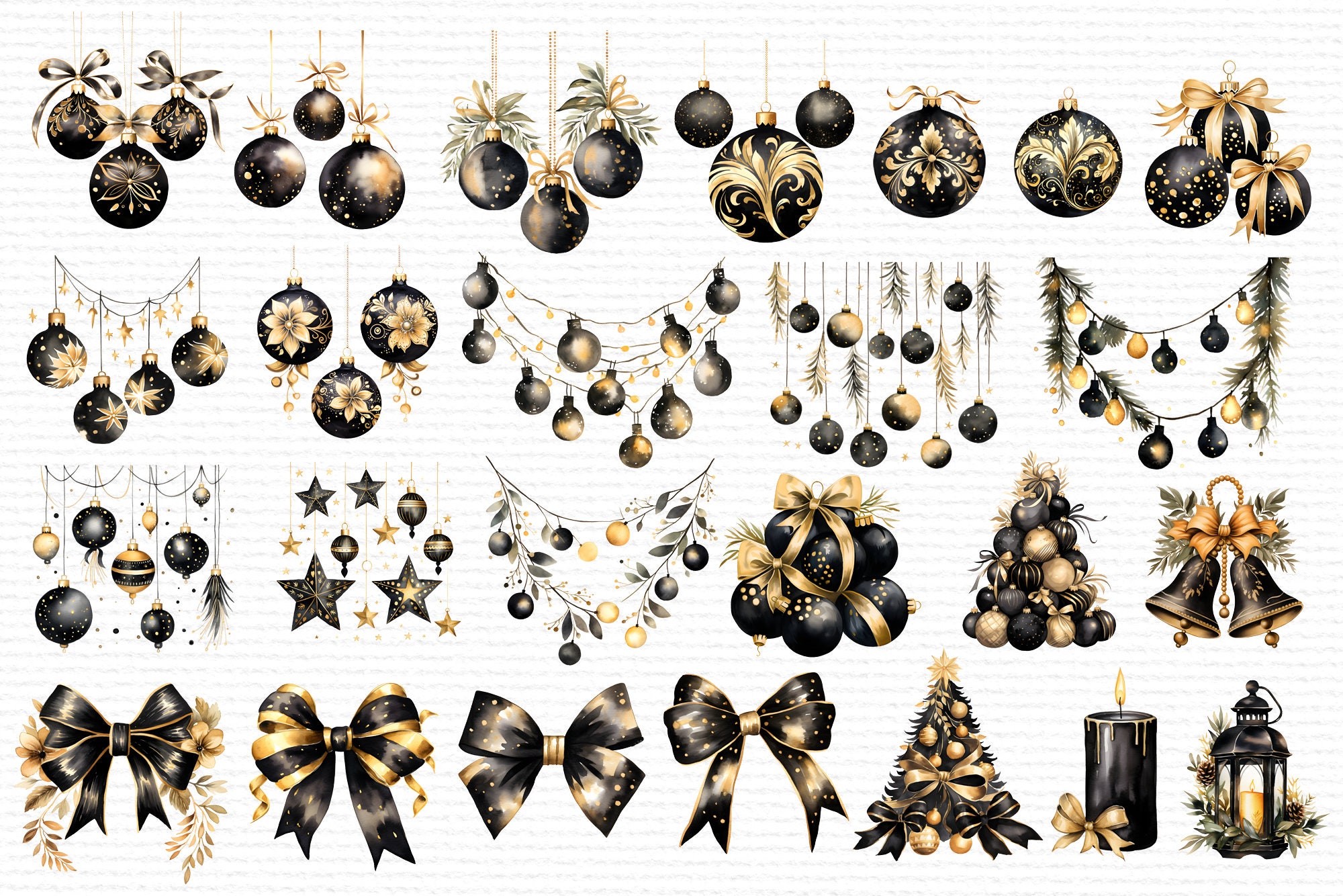 Black & Gold Christmas Decoration Watercolor Clipart, Christmas Clipart ...