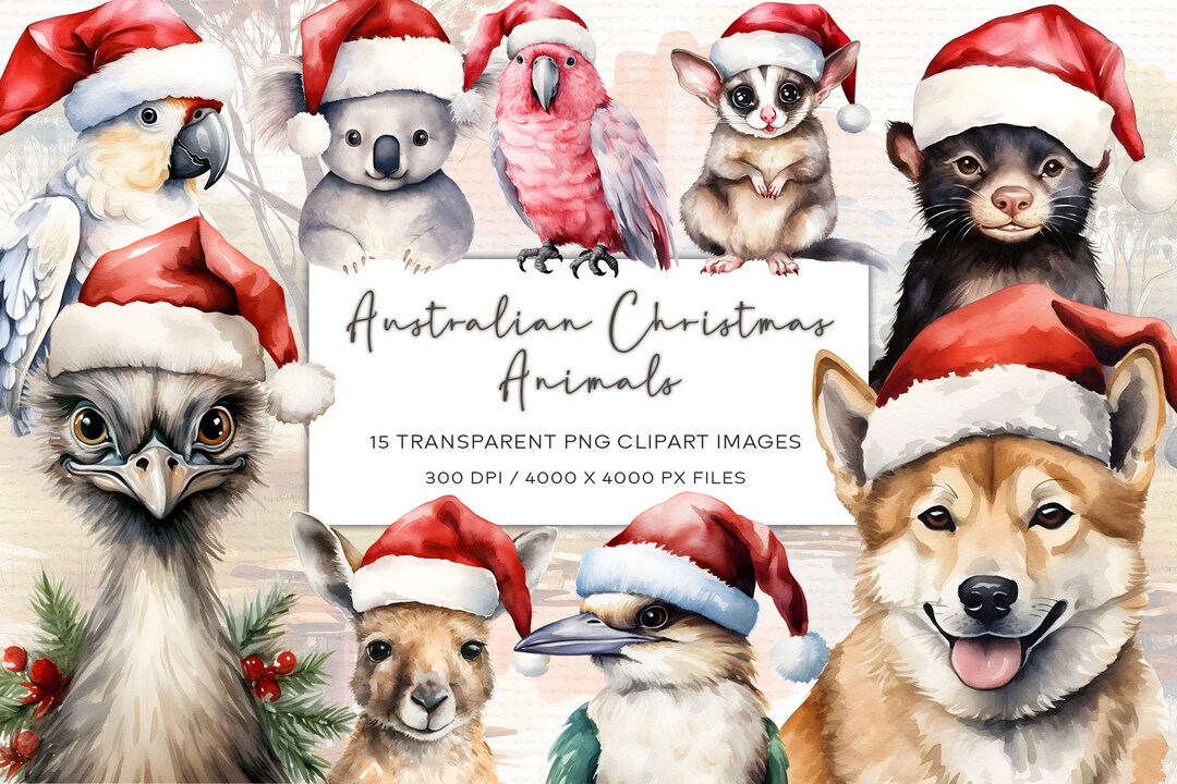 Christmas Australian Animals Watercolor Clipart, Kangaroo Clipart ...