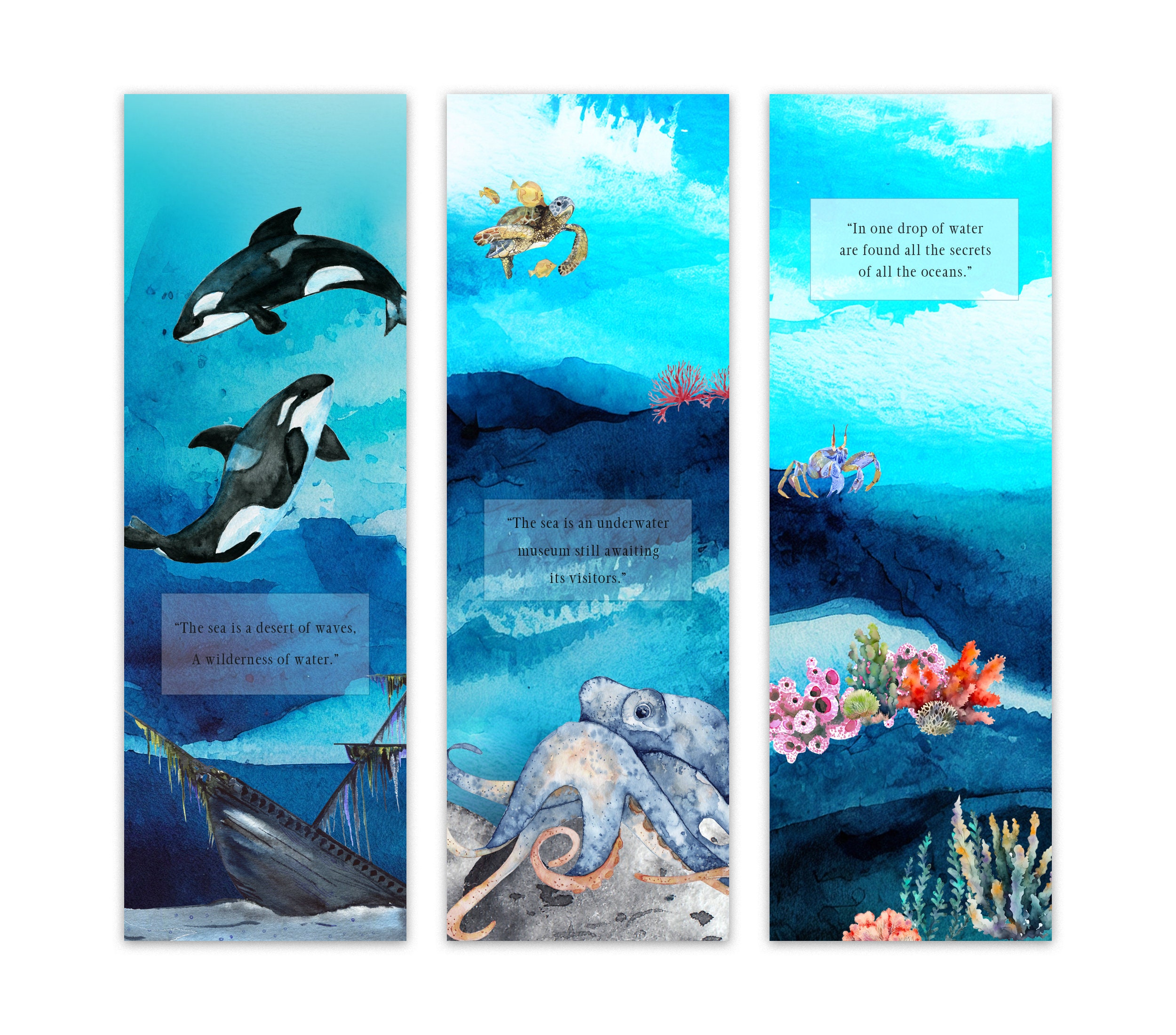 Printable Watercolor Ocean Bookmarks, Sea Bookmarks, Inspirational ...