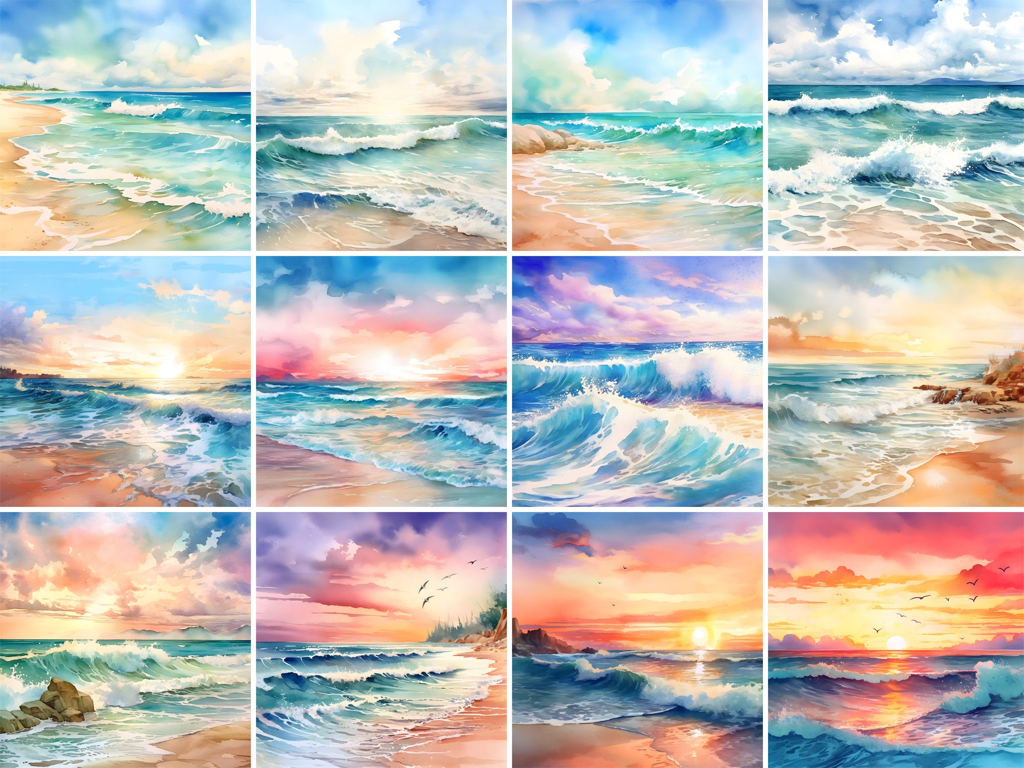 Watercolor Beach Backgrounds, Summer Backgrounds, Digital Paper, Beach ...