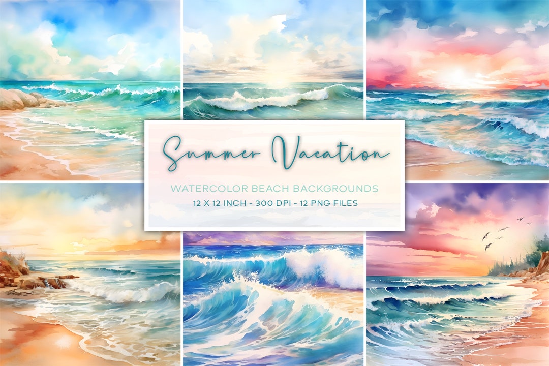 Watercolor Beach Backgrounds, Summer Backgrounds, Digital Paper, Beach ...